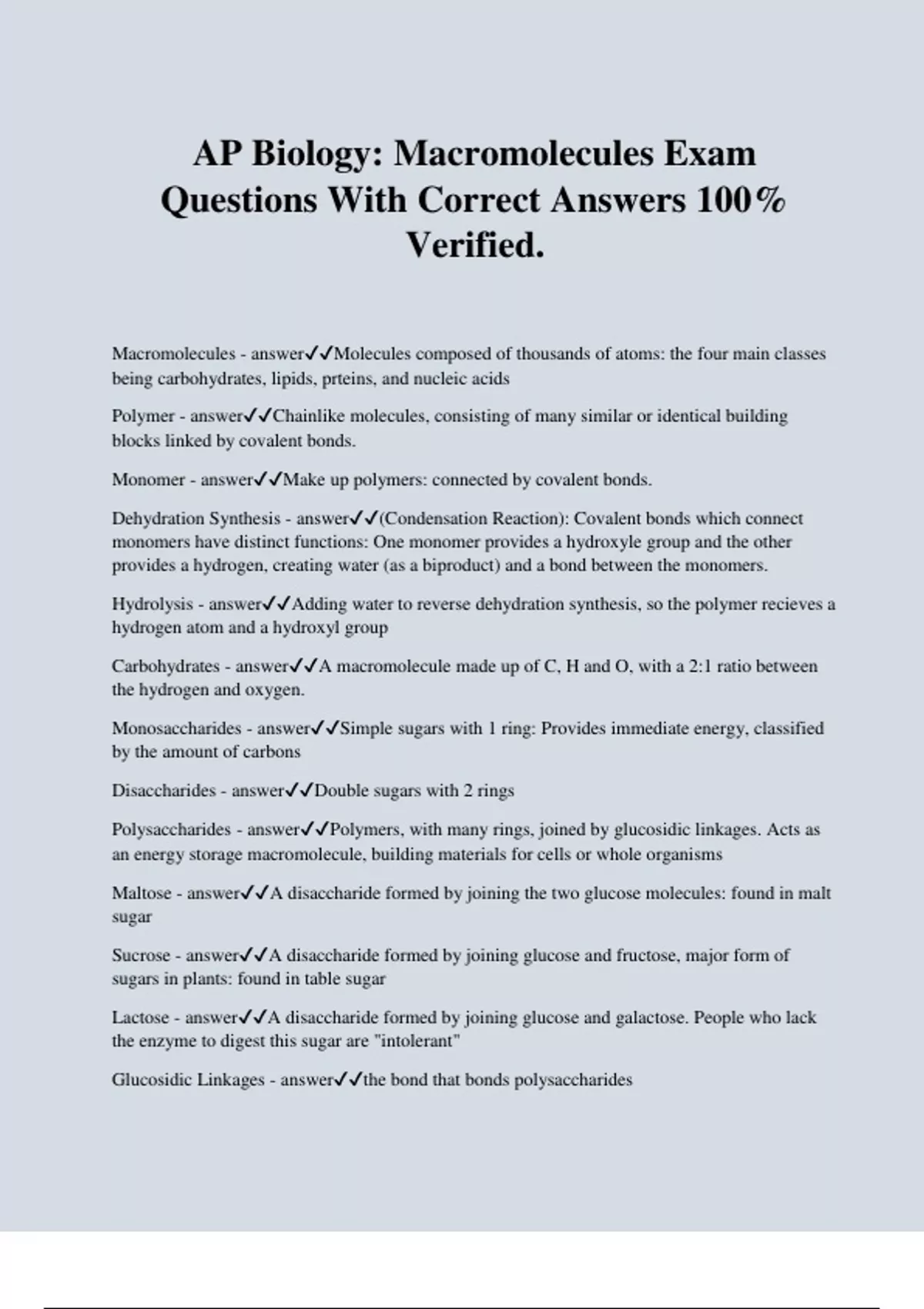 Ap Biology Macromolecules Exam Questions With Correct Answers 100 Verified Ap Biology