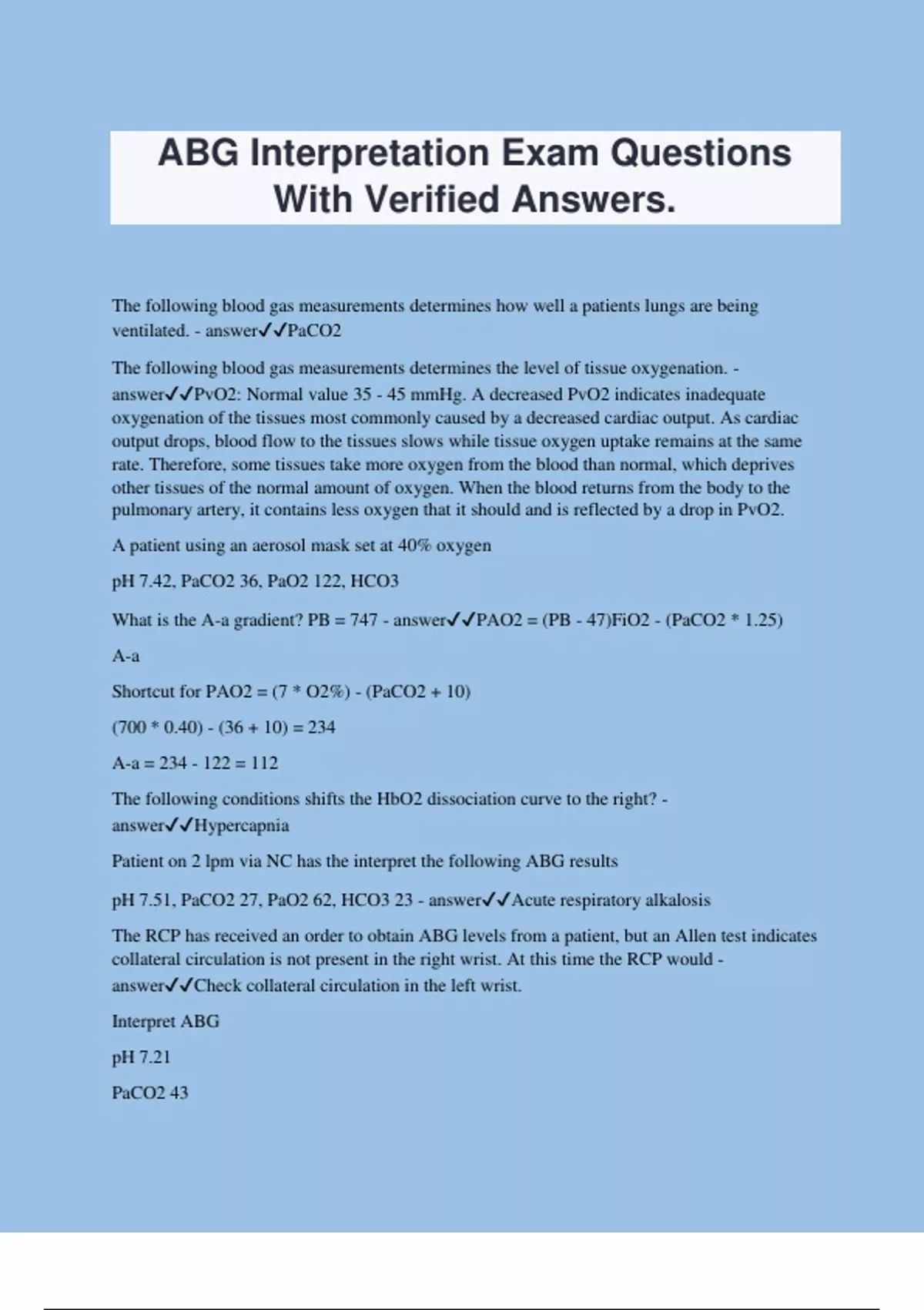 ABG Interpretation Exam Questions With Verified Answers. - Arterial ...