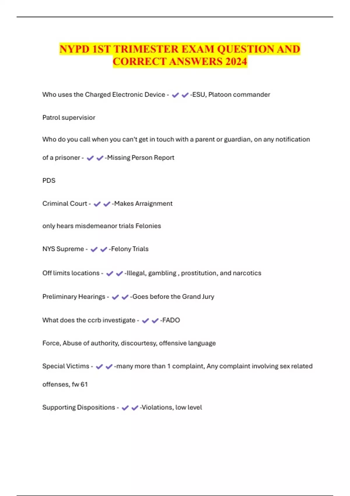 NYPD 1ST TRIMESTER EXAM QUESTION AND CORRECT ANSWERS 2024 - NYPD 1ST - Stuvia US