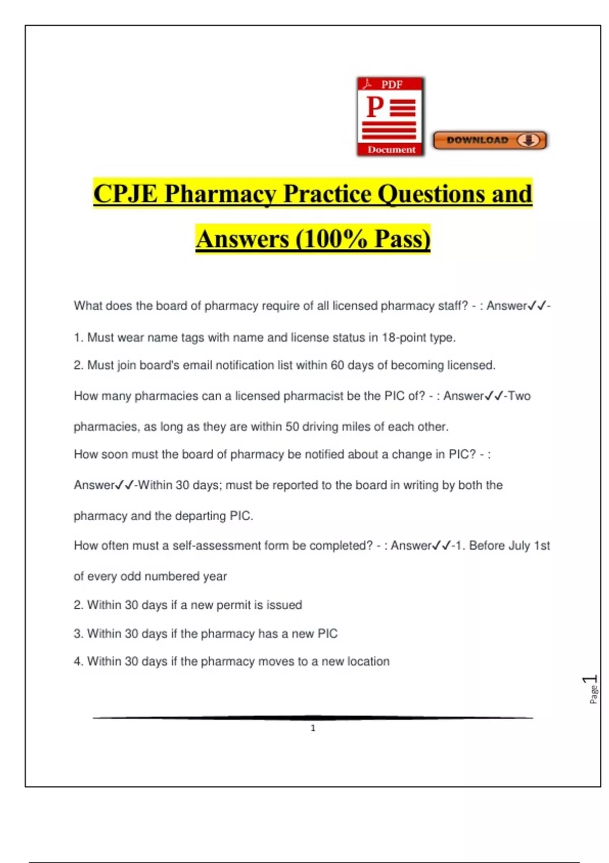 CPJE Pharmacy Practice Questions and Answers (100% Pass) - CPJE - Stuvia US