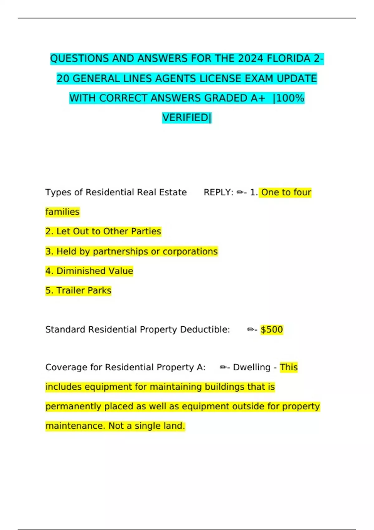 QUESTIONS AND ANSWERS FOR THE 2024 FLORIDA 2-20 GENERAL LINES AGENTS ...