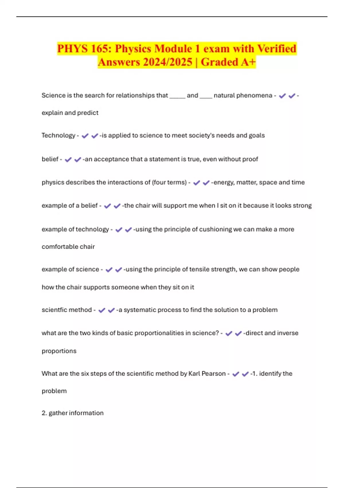 PHYS 165: Physics Module 1 exam with Verified Answers 2024/2025 | Graded A+ - PHYS 165 - Stuvia US