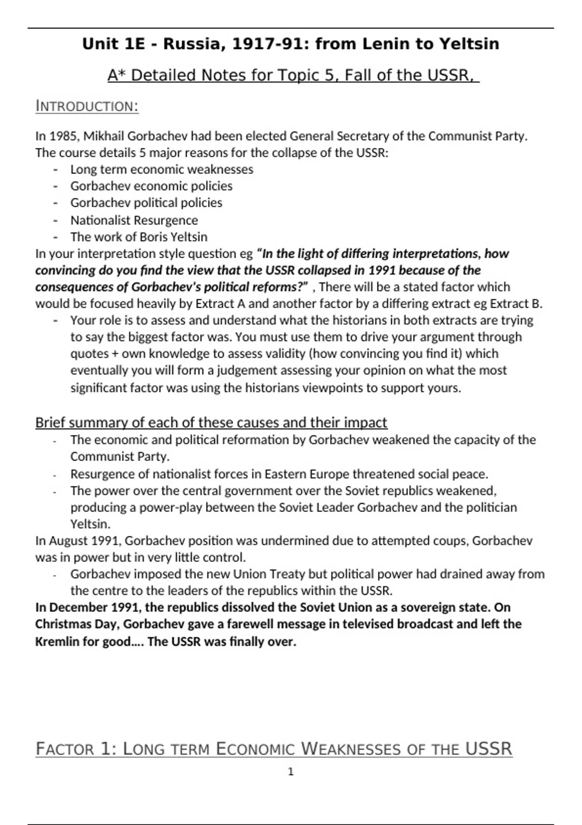Summary Topic 5: Fall of the USSR, Full Detailed A* notes, Edexcel A ...