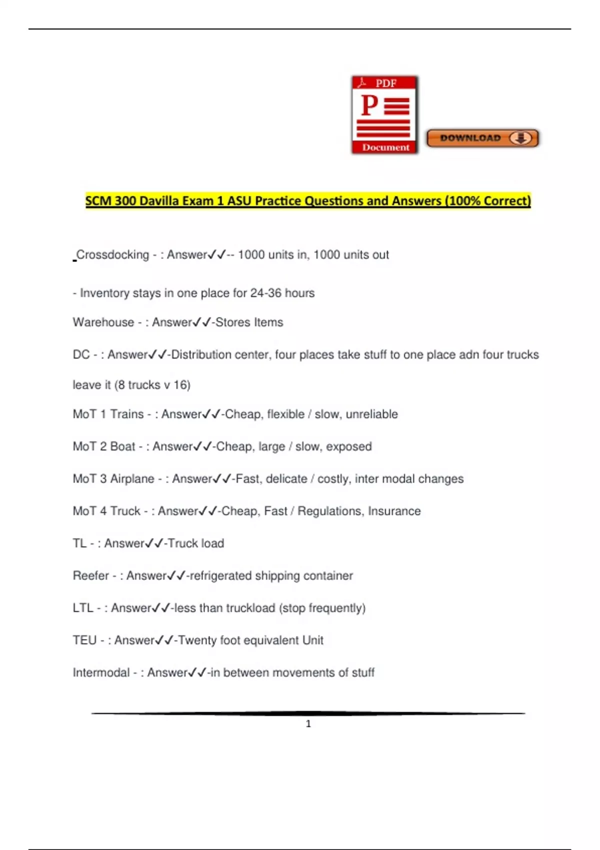 SCM 300 Davilla Exam 1 ASU Practice Questions and Answers (100% Correct - SCM 300 - Stuvia US