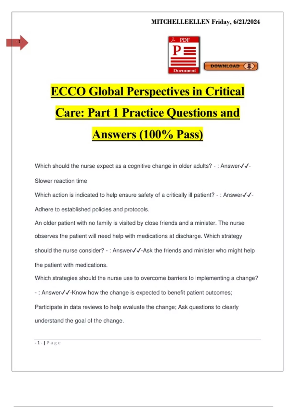 ECCO Global Perspectives in Critical Care: Part 1 Practice Questions ...