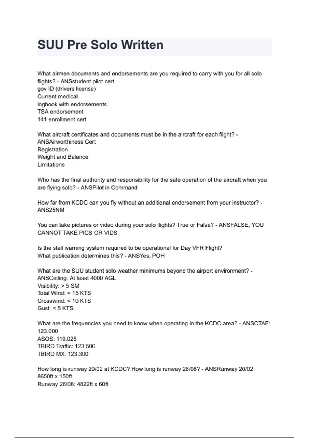 SUU Pre Solo Written questions and answers rated A+ by experts 2024/ ...