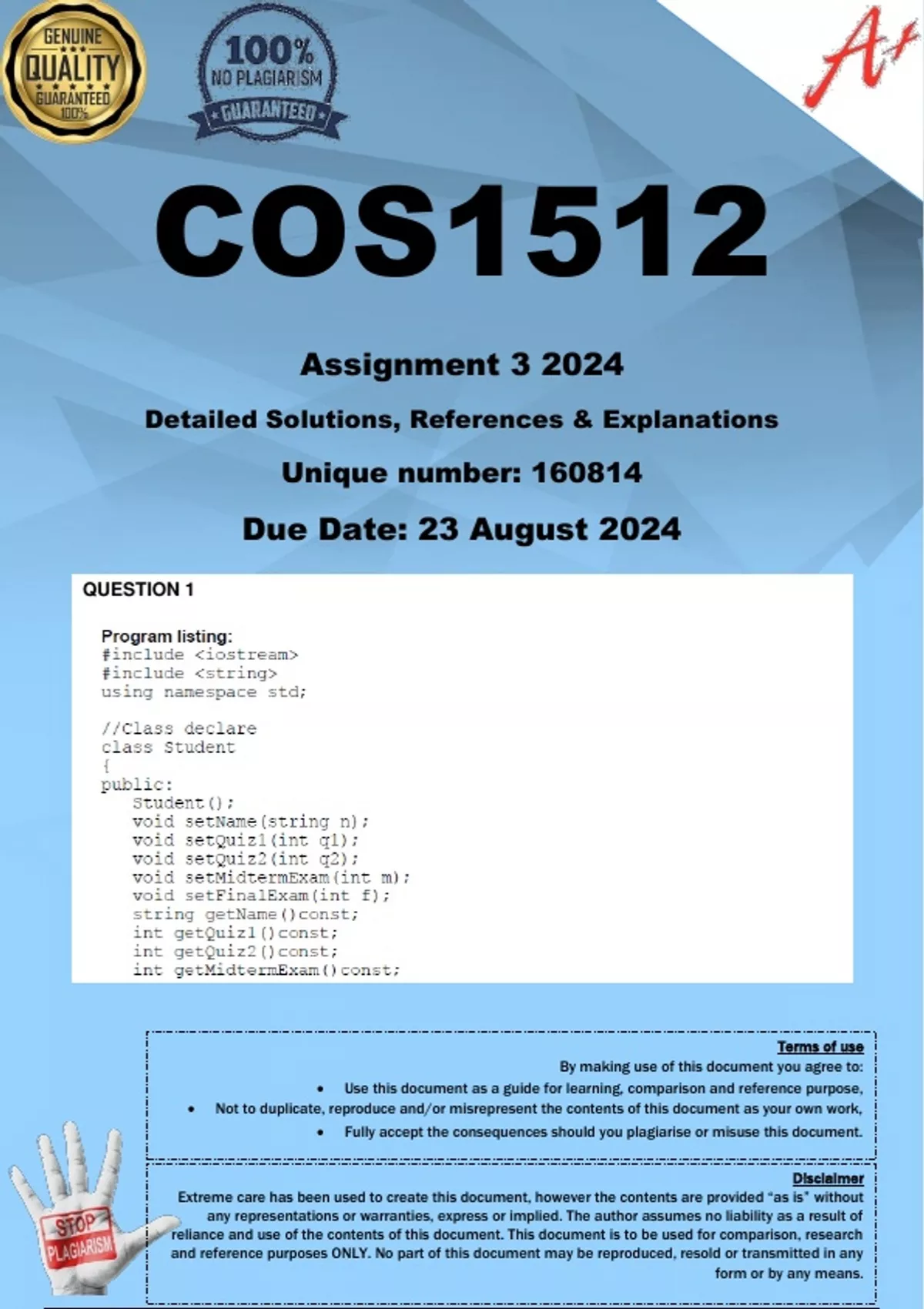 COS1512 Assignment 3 (COMPLETE ANSWERS) 2024 (160814) - DUE 23 August 2024 - Introduction to ...