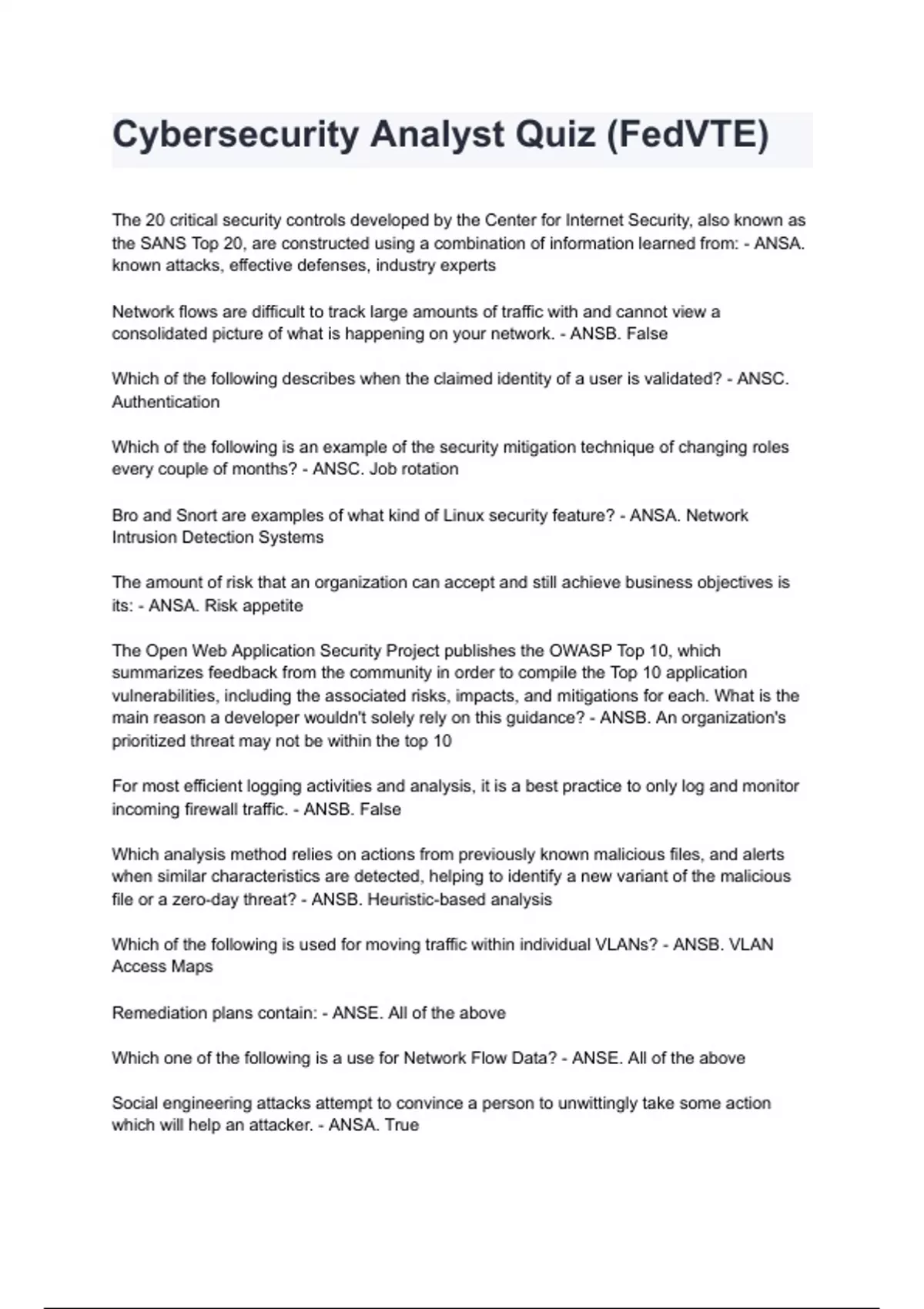 Cybersecurity Analyst Quiz (FedVTE) questions and answers rated A+ by ...