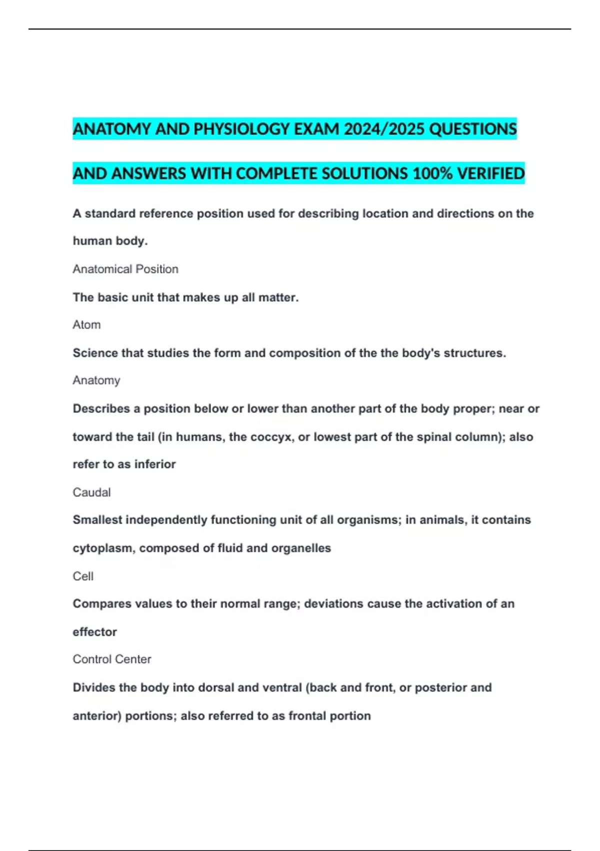 ANATOMY AND PHYSIOLOGY EXAM 2024/2025 QUESTIONS AND ANSWERS WITH ...