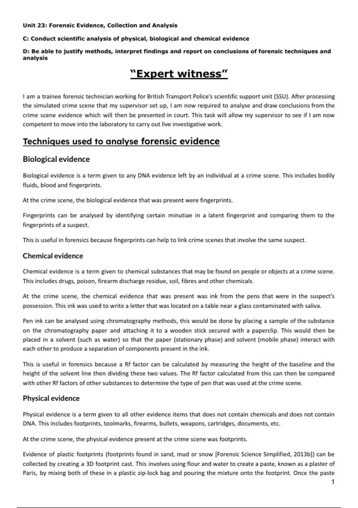 Btec Applied Science Unit 23cd Gathering And Preserving Forensic Evidence Distinction Unit