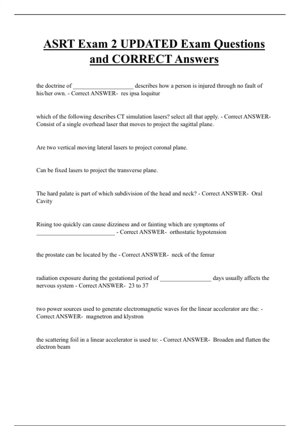 ASRT Exam 2 UPDATED Exam Questions and CORRECT Answers - ASRT - Stuvia US