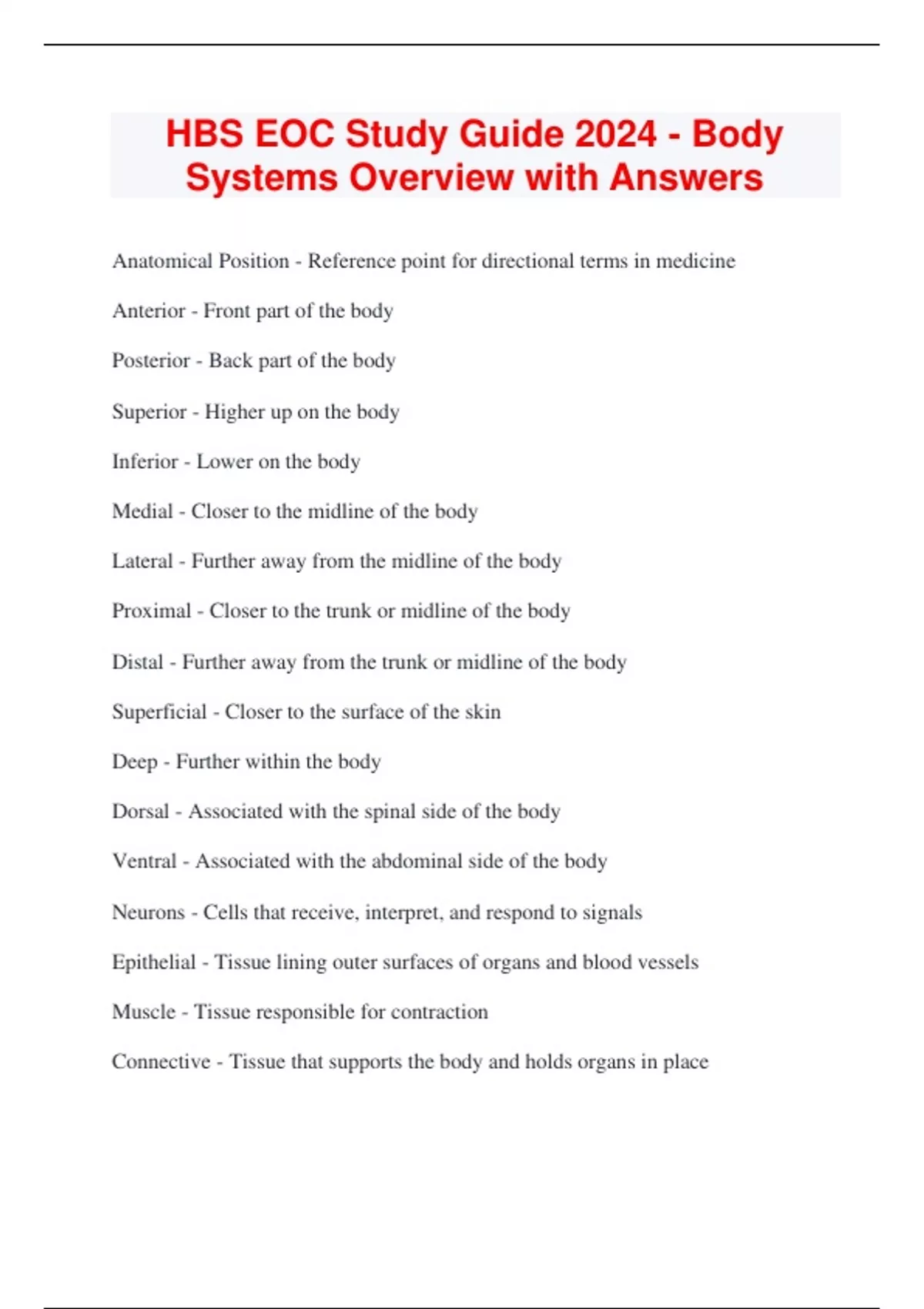 HBS EOC Study Guide 2024 - Body Systems Overview with Answers - HBS. - Stuvia US
