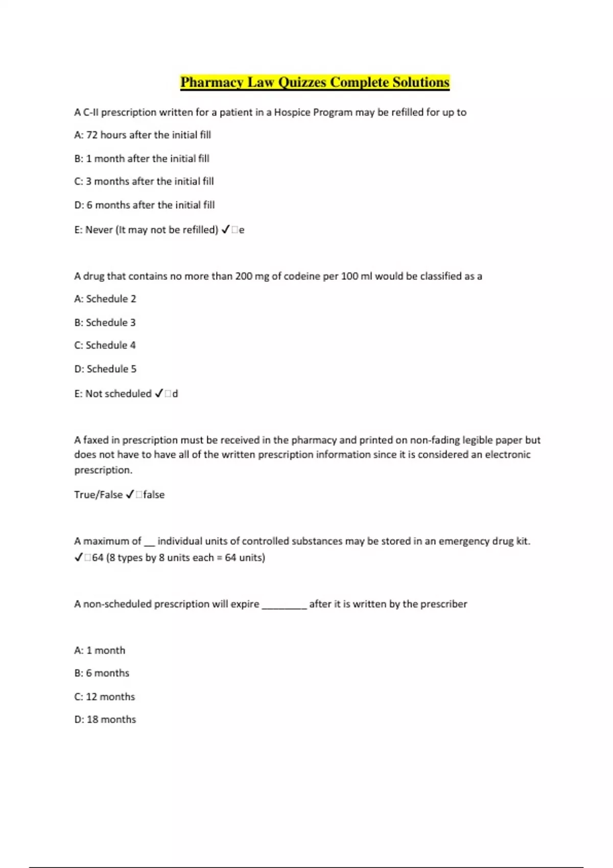 Pharmacy Law Quizzes Complete Solutions - Pharmacy Law Complete - Stuvia US