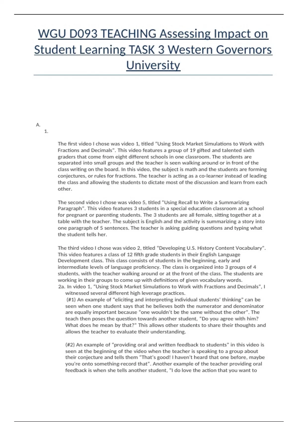 WGU D093 TEACHING Assessing Impact on Student Learning TASK 3 Western Governors University ...