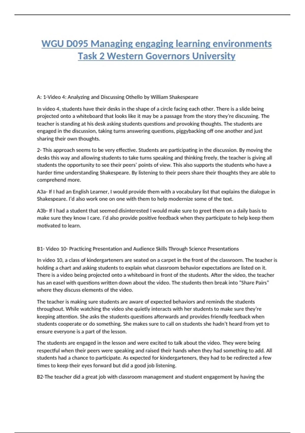 WGU D095 Managing engaging learning environments |Task 2| Western ...