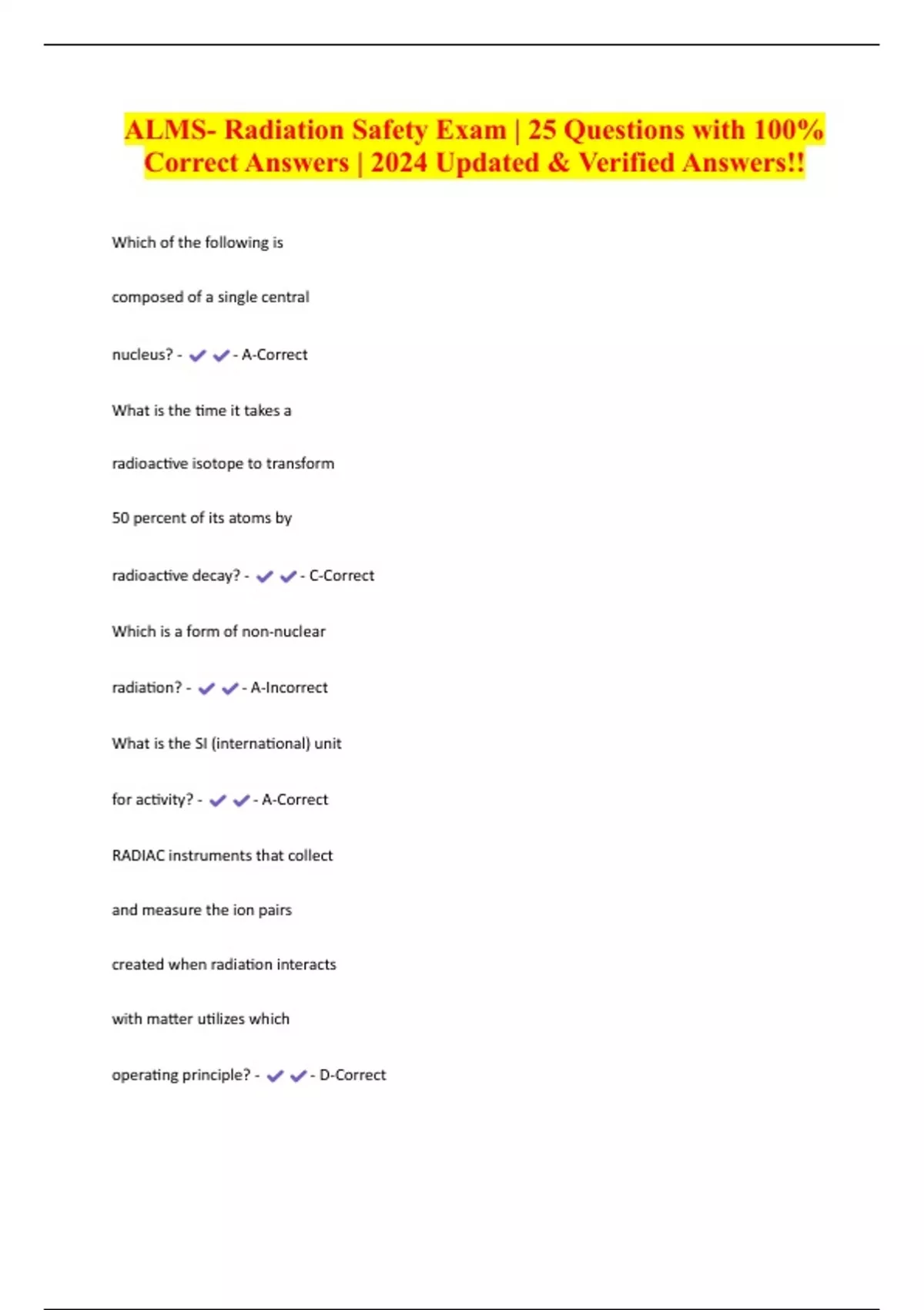 ALMS- Radiation Safety Exam | 25 Questions with 100% Correct Answers ...