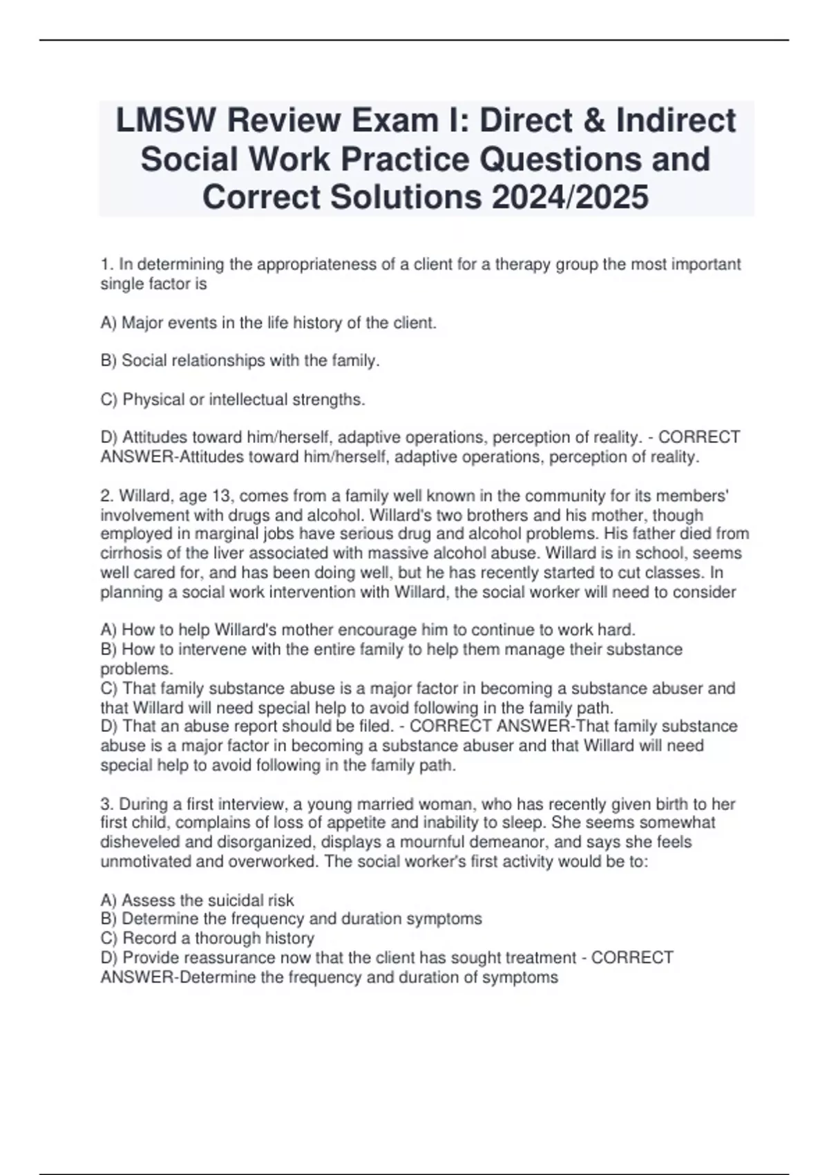 LMSW Review Exam I: Direct & Indirect Social Work Practice Questions ...