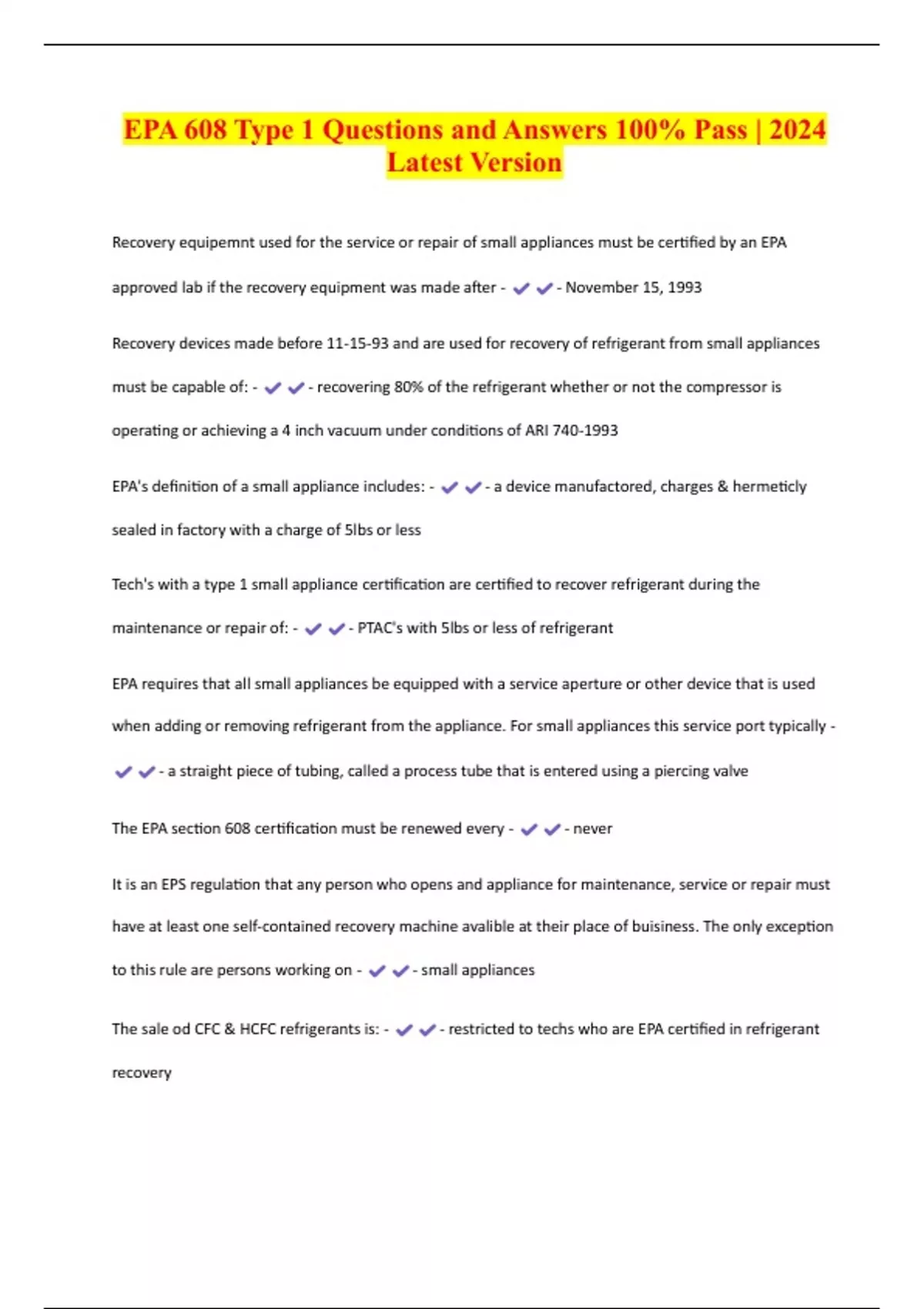 EPA 608 Type 1 Questions and Answers 100% Pass | 2024 Latest Version ...