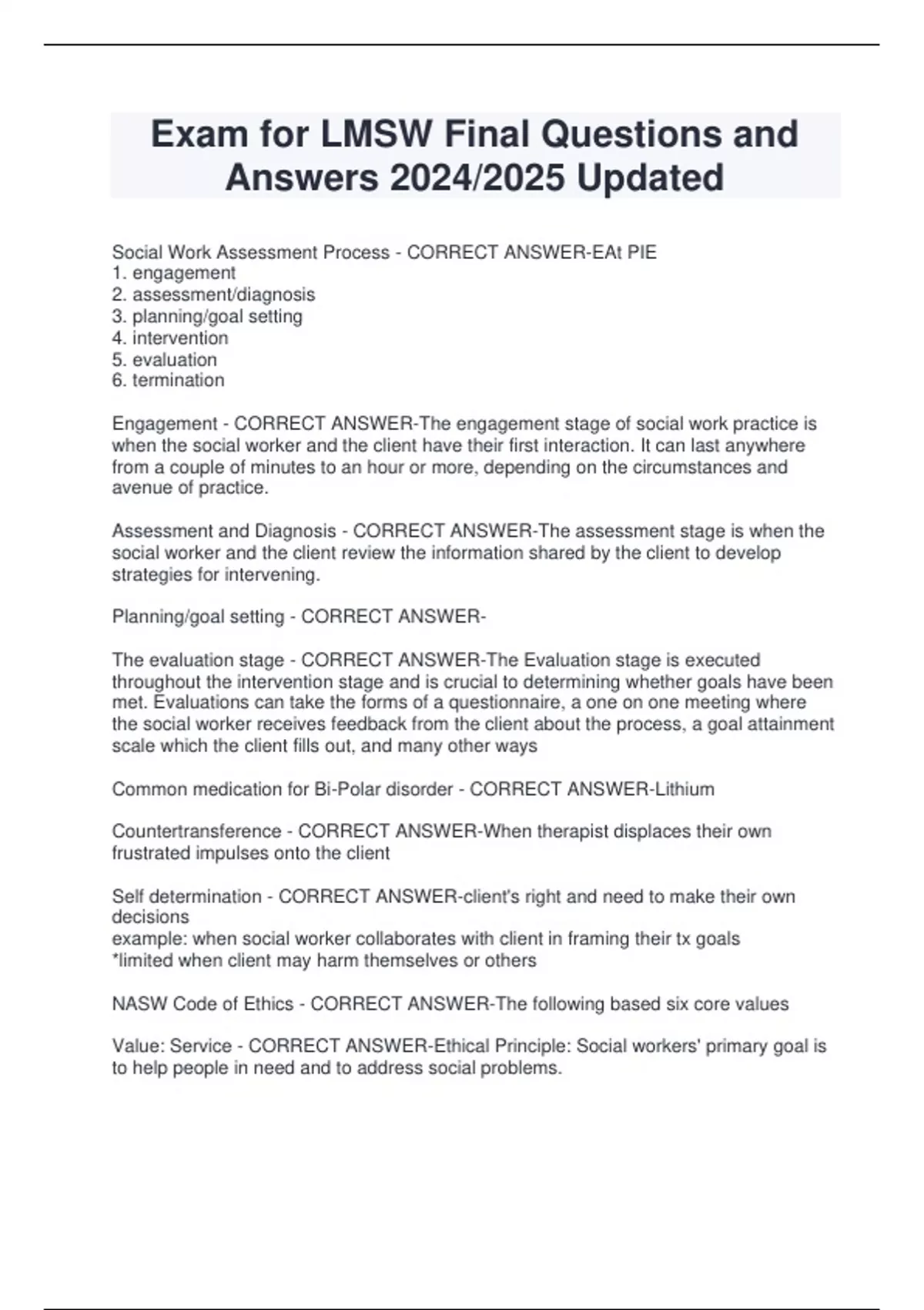 Exam for LMSW Final Questions and Answers 2024/2025 Updated - LMSW ...