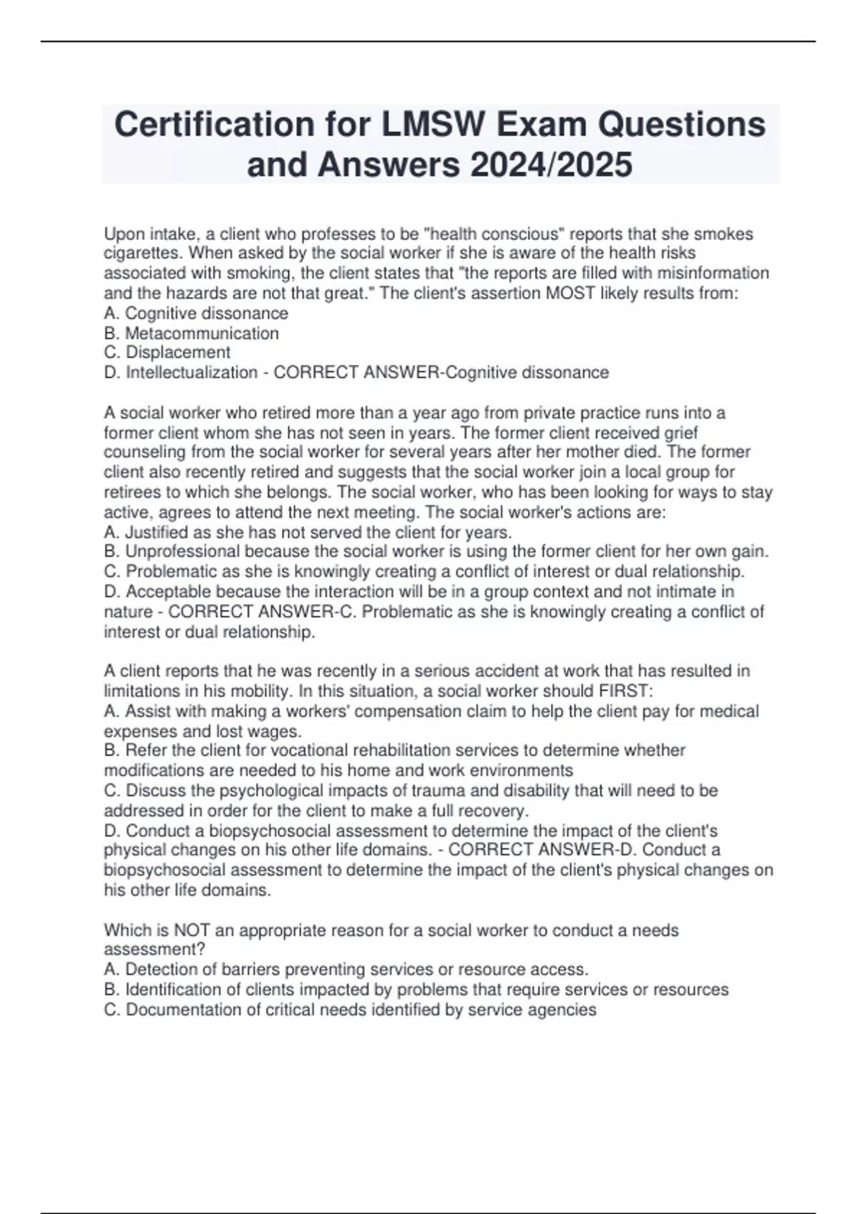 Certification for LMSW Exam Questions and Answers 2024/2025 - LMSW ...