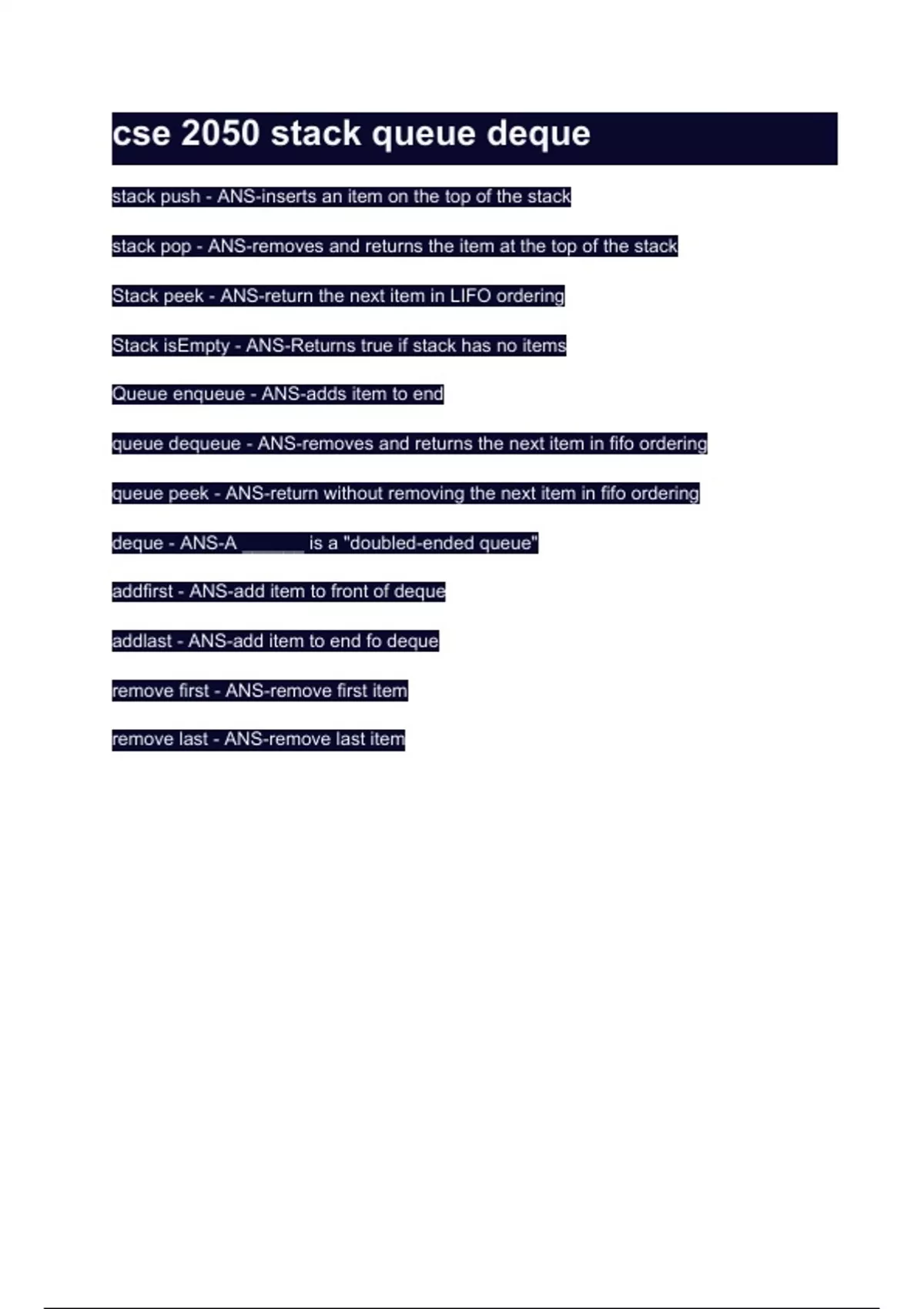 cse 2050 stack queue deque Questions with 100% Actual correct answers ...