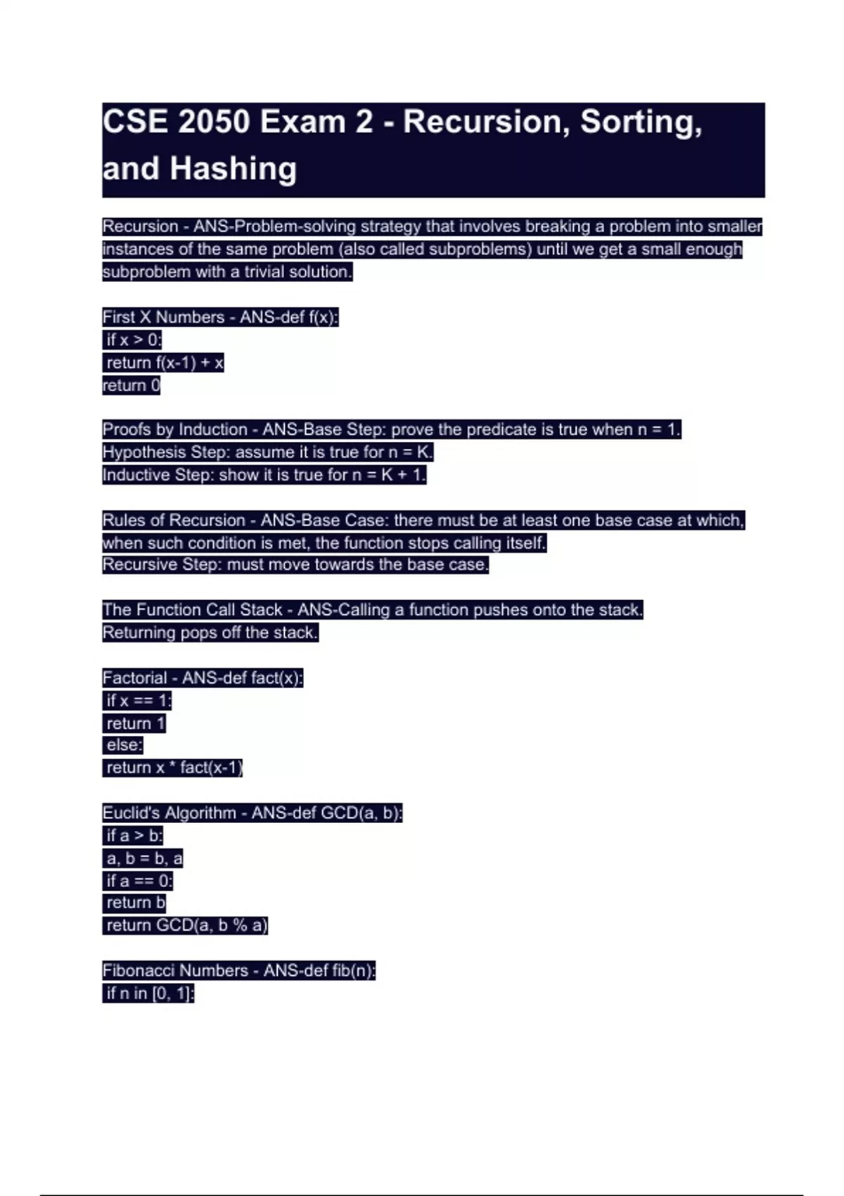 CSE 2050 Exam 2 - Recursion, Sorting, and Hashing Questions with 100% Actual correct answers ...