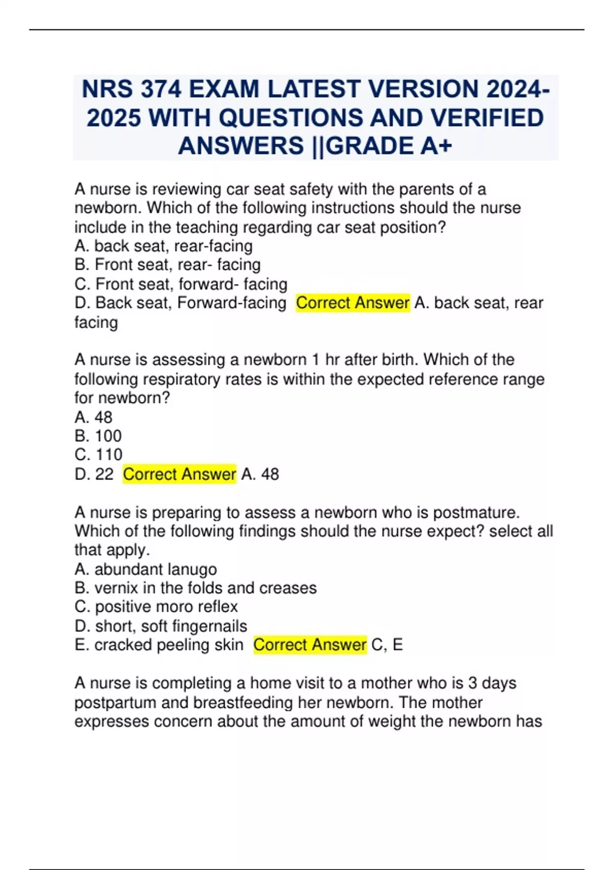 NRS 374 EXAM LATEST VERSION WITH QUESTIONS AND VERIFIED ANSWERS ||GRADE ...
