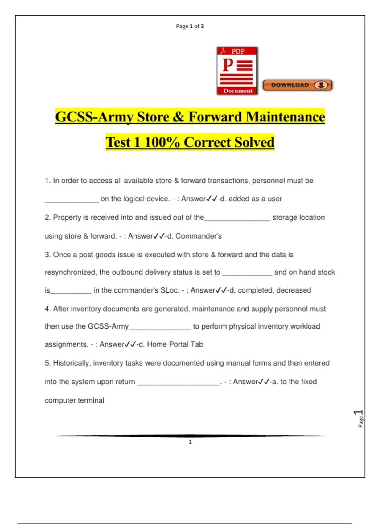 GCSS-Army Store & Forward Maintenance Test 1 100% Correct Solved - GCSS ...