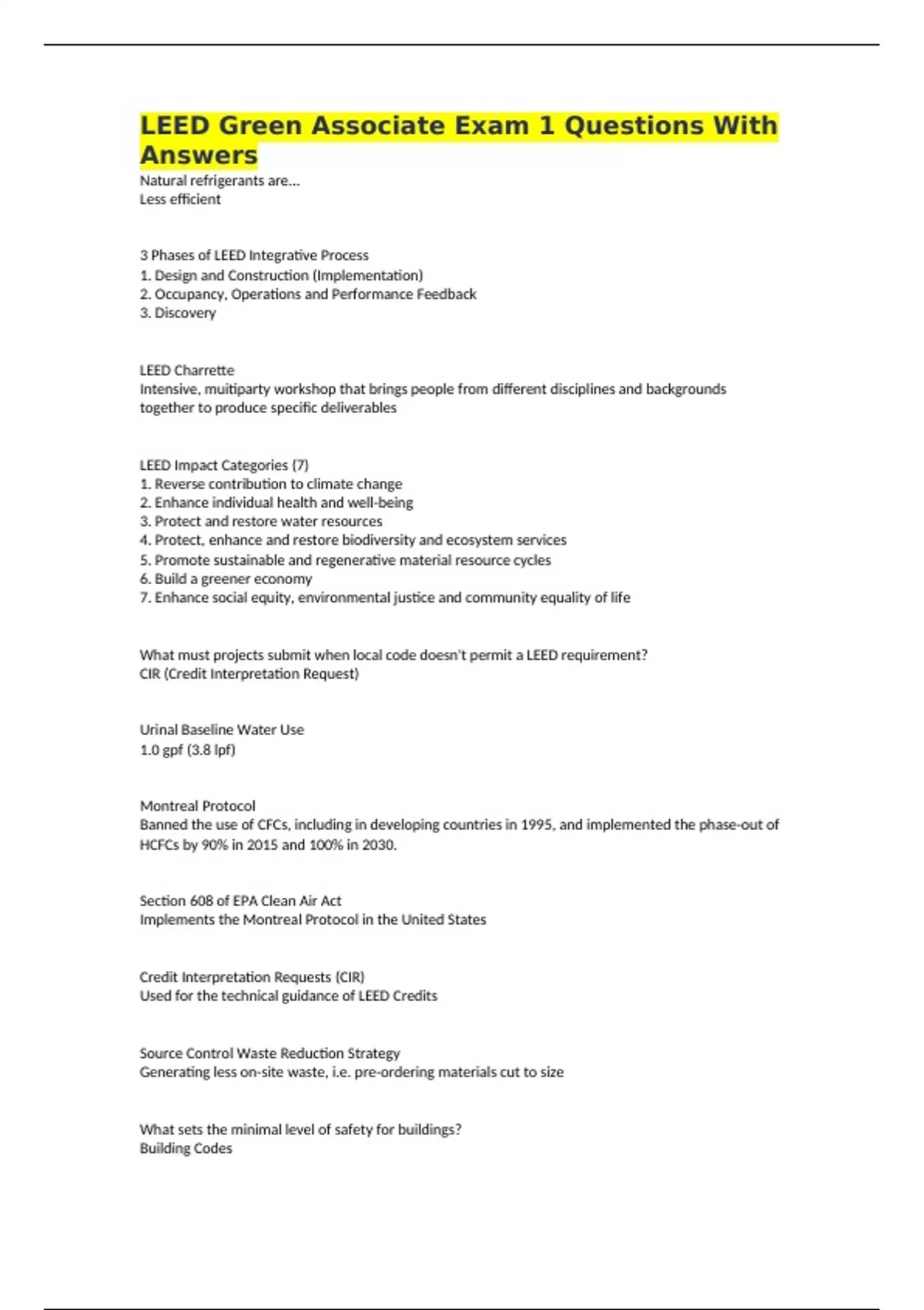 LEED Green Associate Exam 1 Questions With Answers - LEED Green ...
