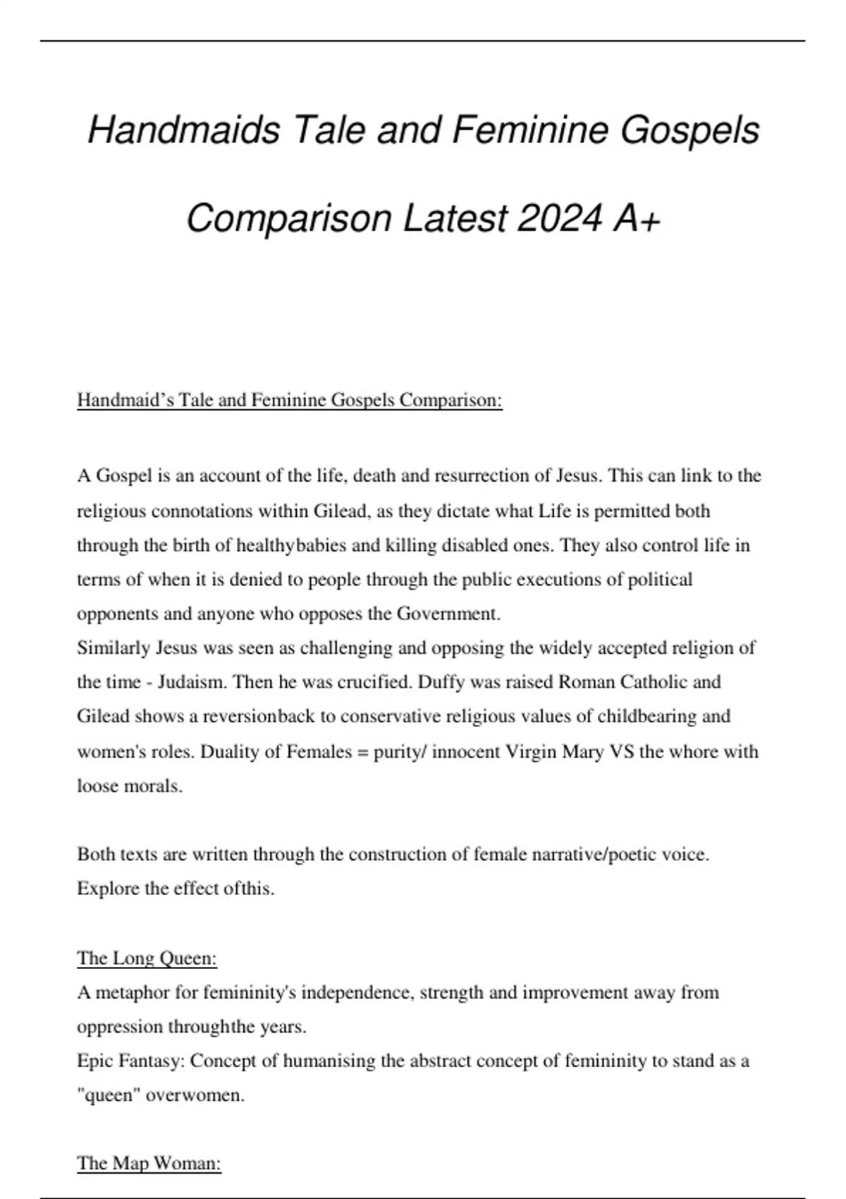 Handmaids Tale and Feminine Gospels Comparison Latest 2024 A+.pdf - SM ...