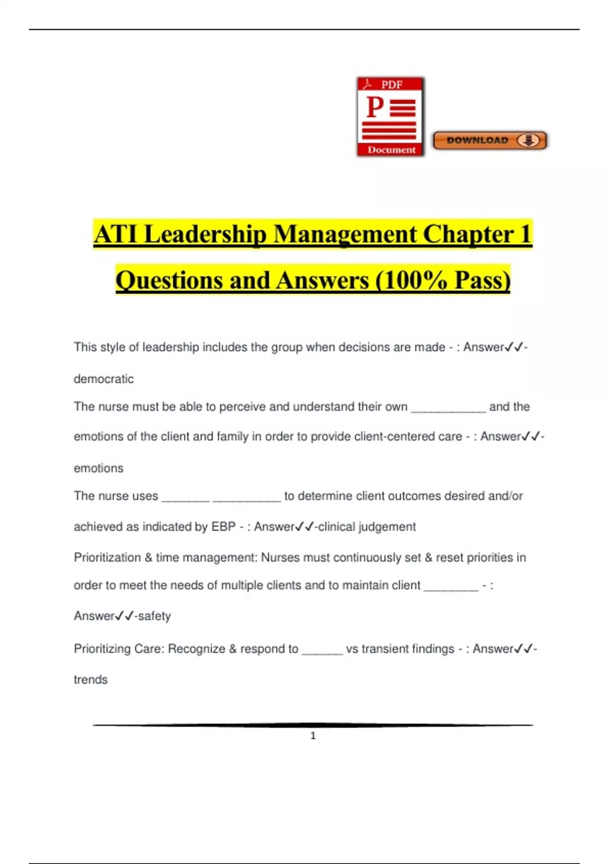 ATI Leadership Management Chapter 1 Questions and Answers (100% Pass ...