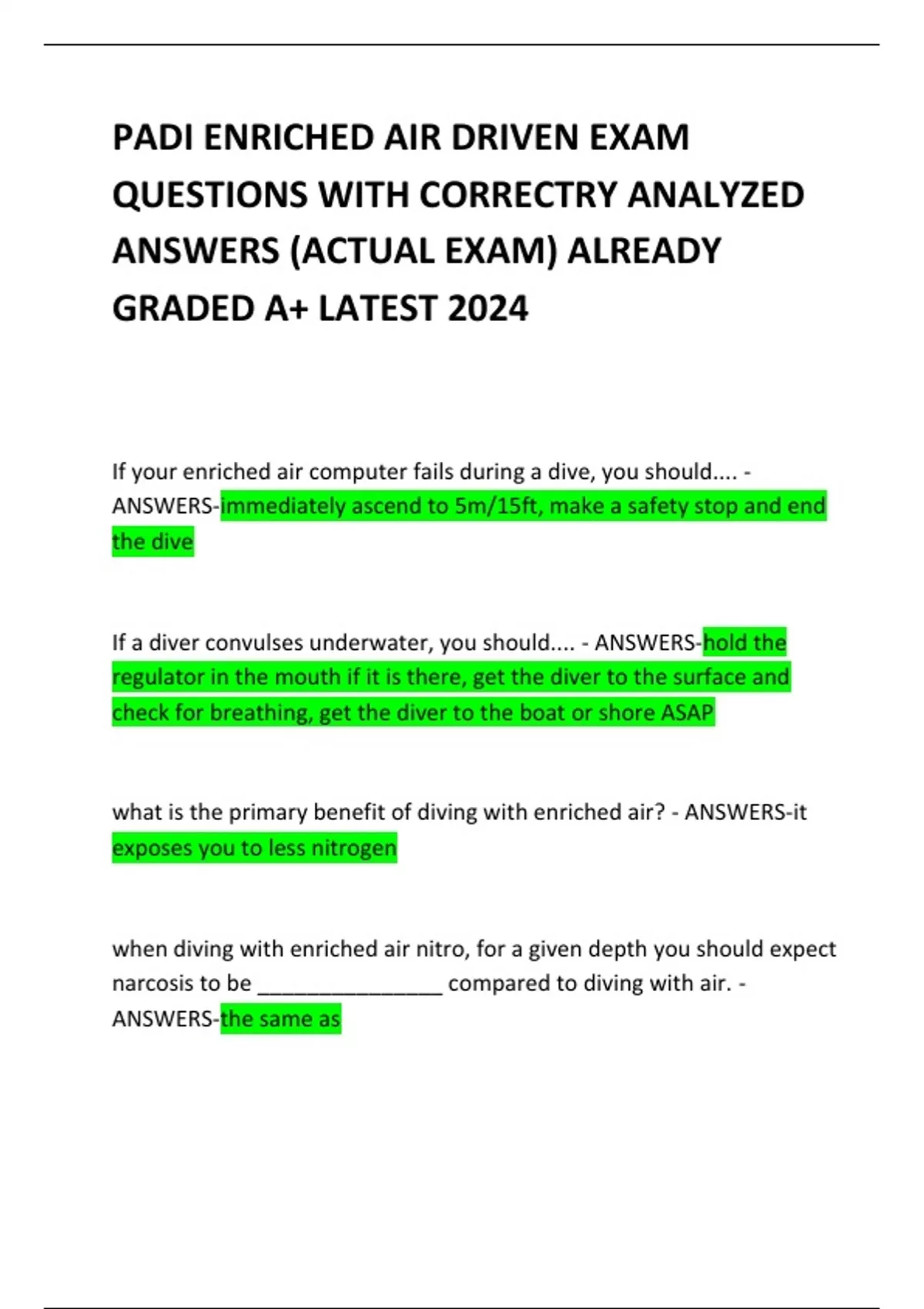 PADI ENRICHED AIR DRIVEN EXAM QUESTIONS WITH CORRECTRY ANALYZED ANSWERS ...