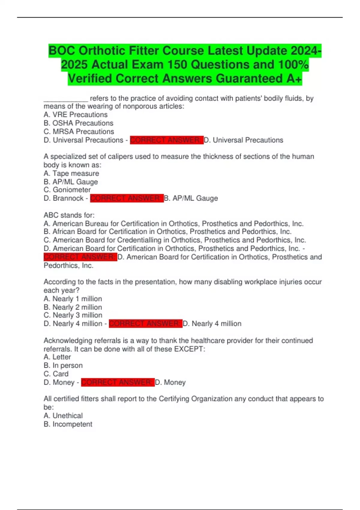 BOC ORTHOTIC FITTER COURSE LATEST UPDATE ACTUAL EXAMS - Stuvia US