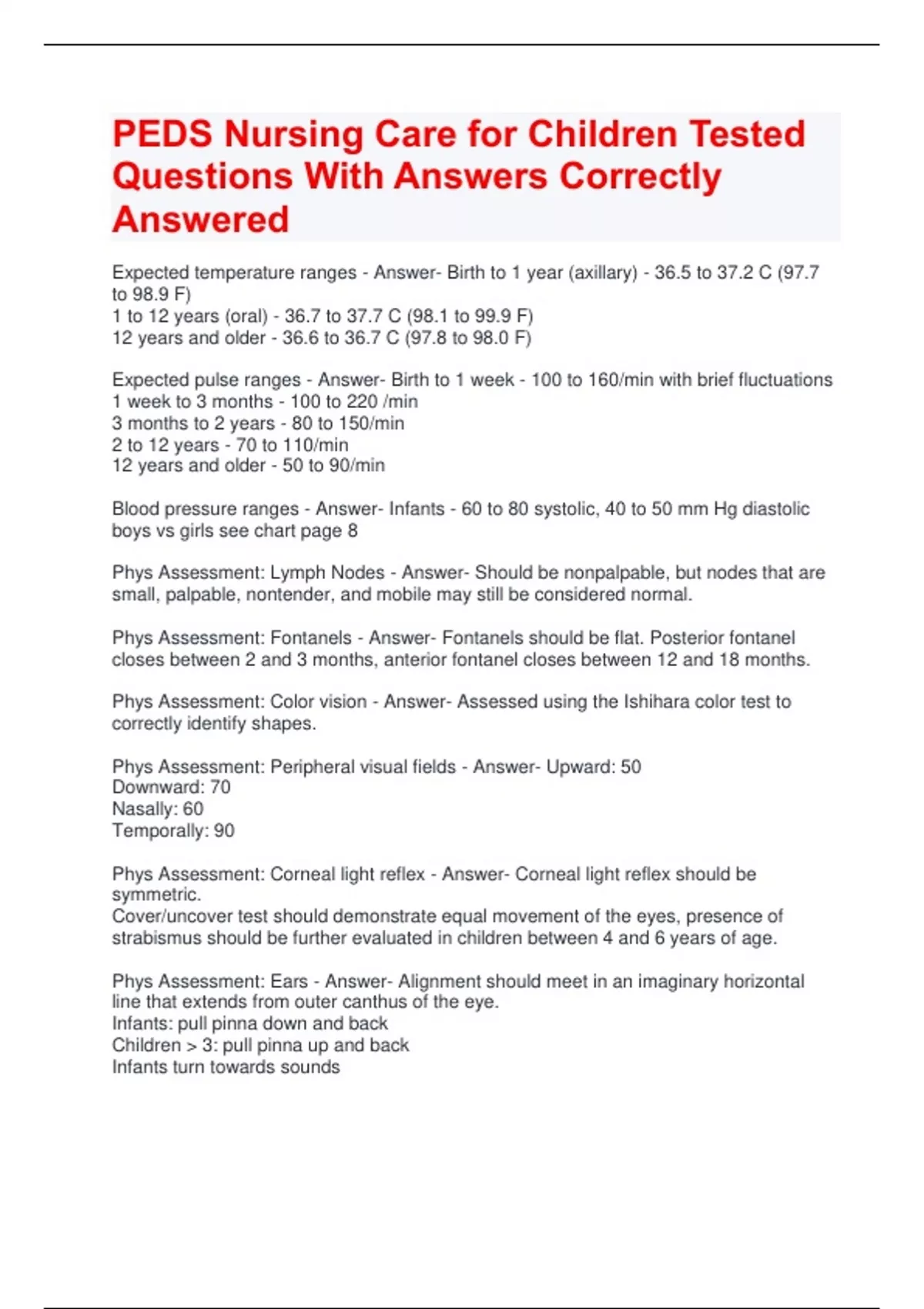 PEDS Nursing Care for Children Tested Questions With Answers Correctly ...
