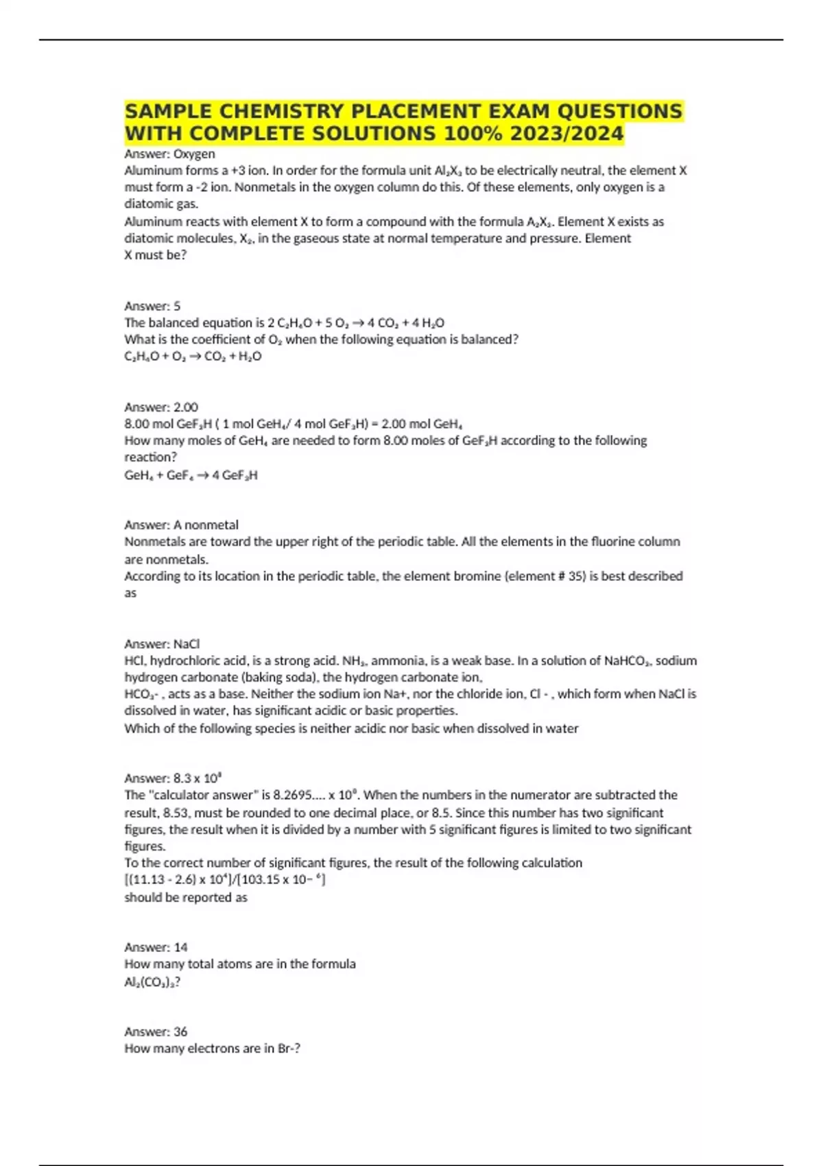 SAMPLE CHEMISTRY PLACEMENT EXAM QUESTIONS WITH COMPLETE SOLUTIONS 100% ...