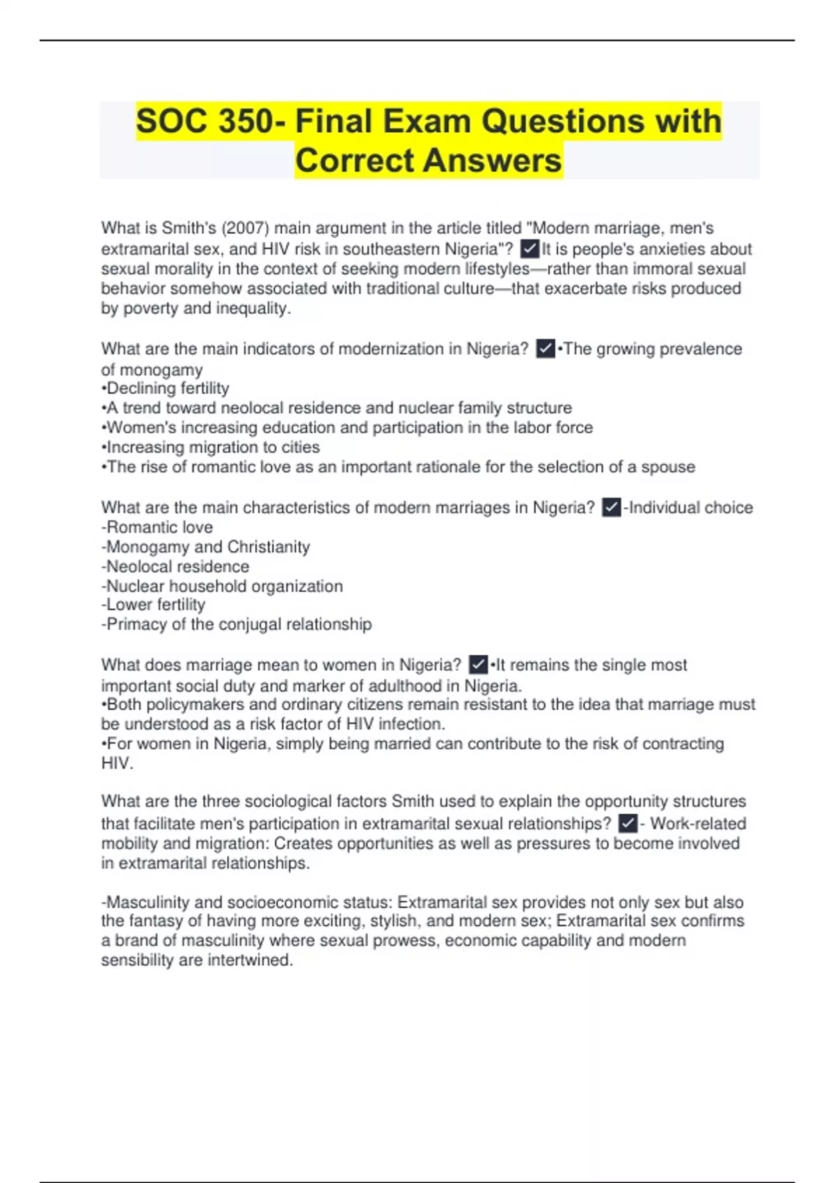 SOC 350- Final Exam Questions with Correct Answers - SOC 350 - Stuvia US