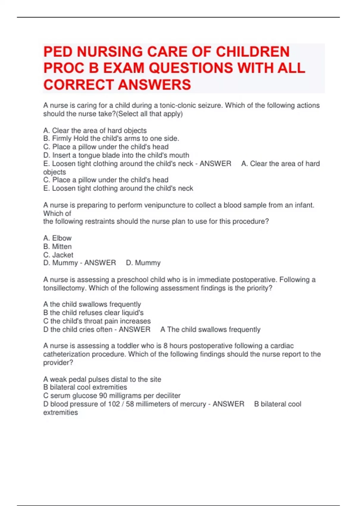 PED NURSING CARE OF CHILDREN PROC B EXAM QUESTIONS WITH ALL CORRECT ANSWERS - PED NURSING CARE ...