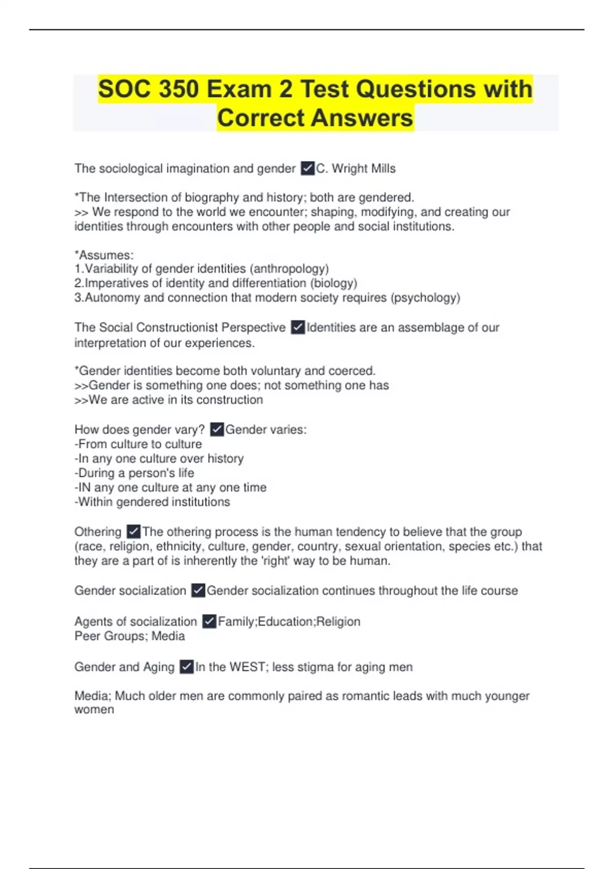 SOC 350 Exam 2 Test Questions with Correct Answers - SOC 350 - Stuvia US