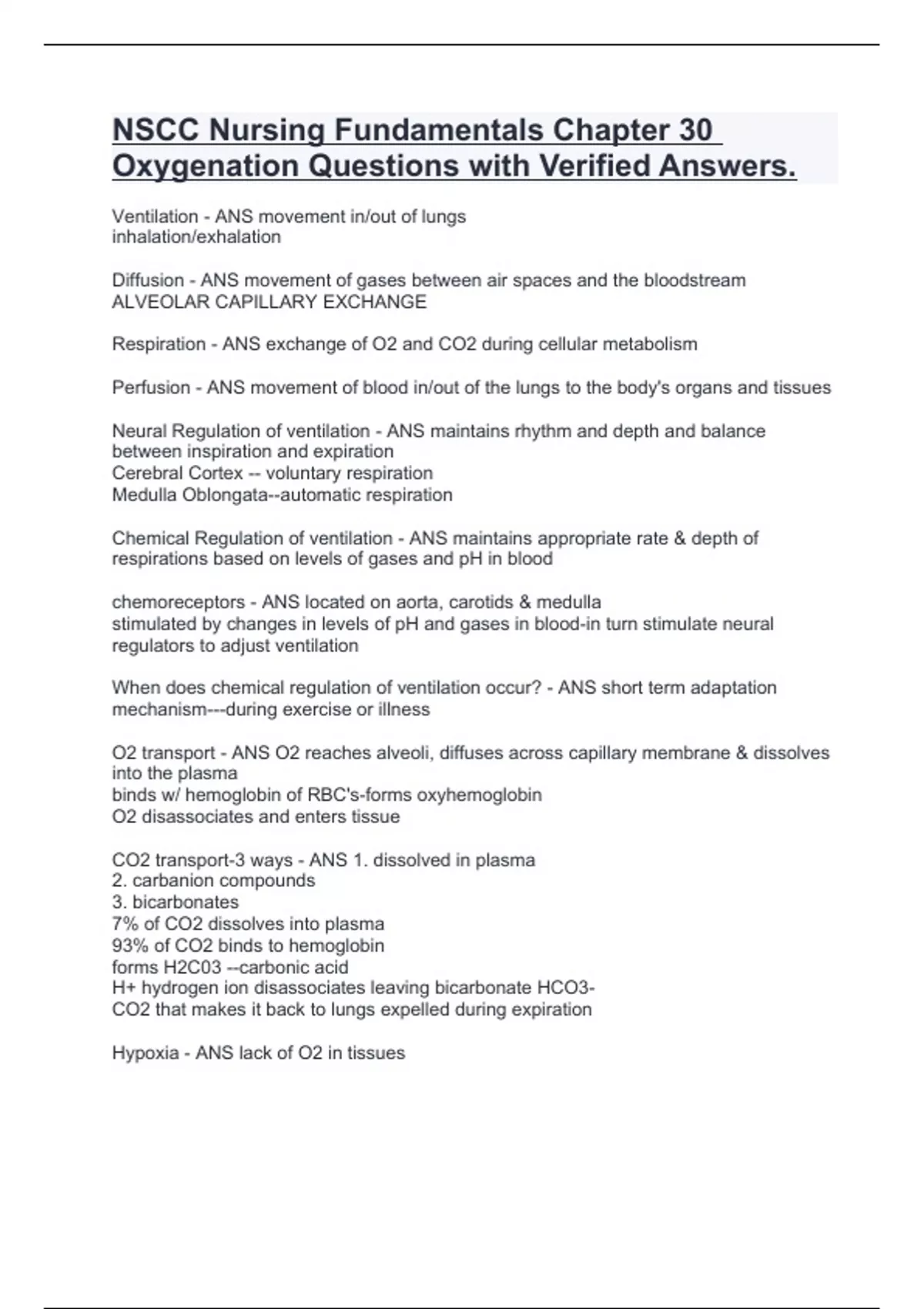 NSCC Nursing Fundamentals Chapter 30 Oxygenation Questions with Verified - Practical nursing ...