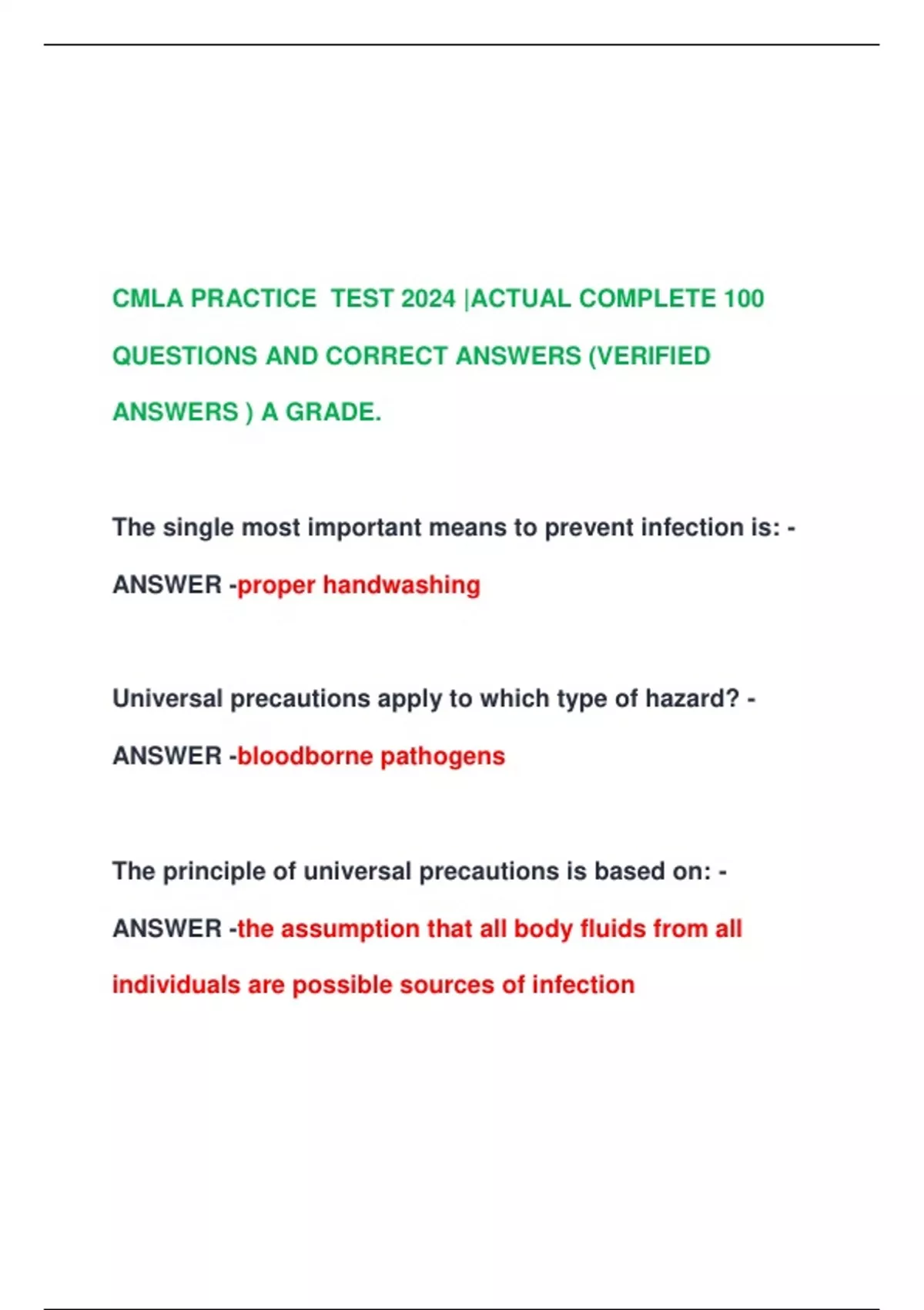 CMLA PRACTICE TEST 2024 |ACTUAL COMPLETE 100 QUESTIONS AND CORRECT ...