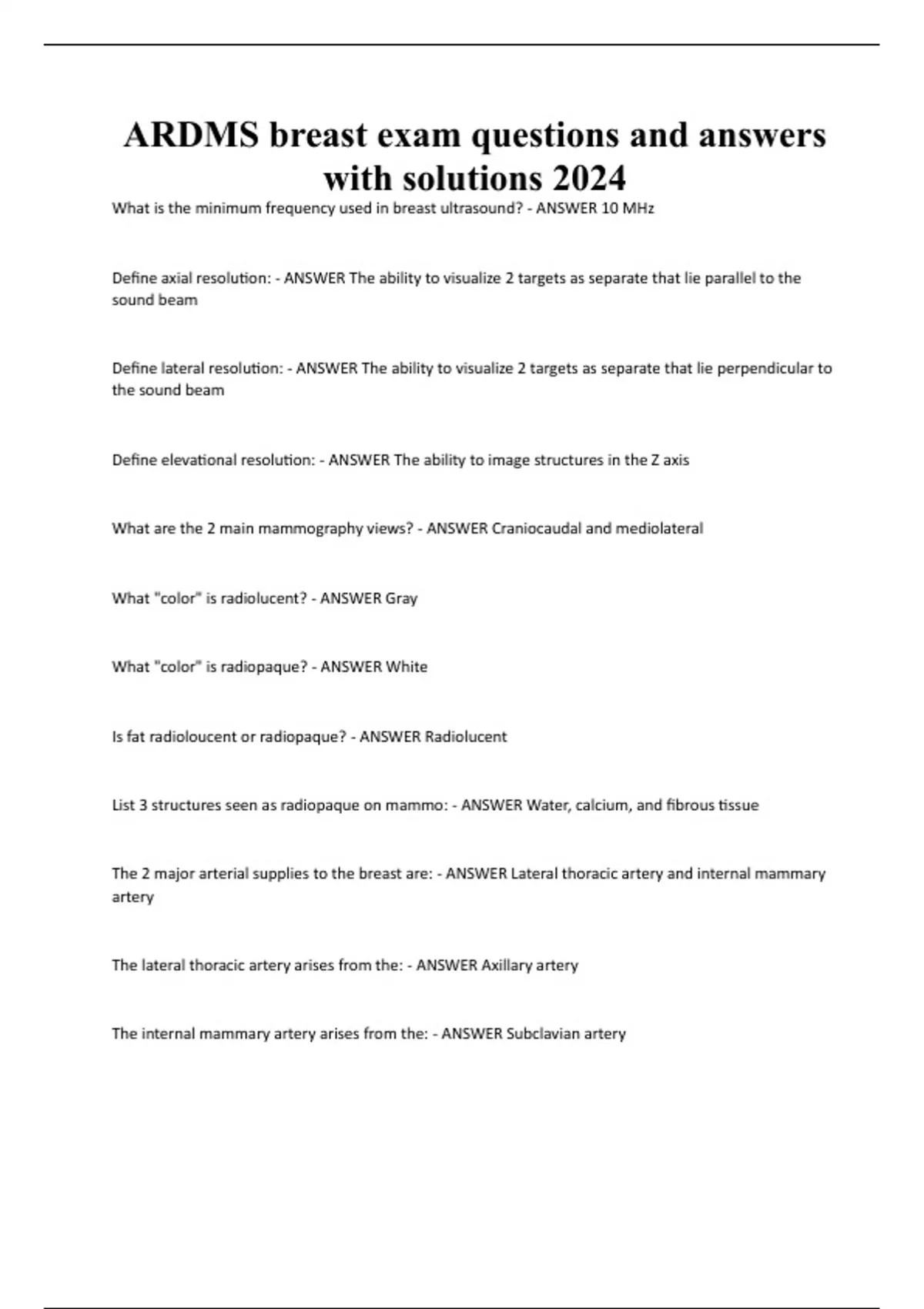 ARDMS breast exam questions and answers with solutions 2024 - Ardms - Stuvia US