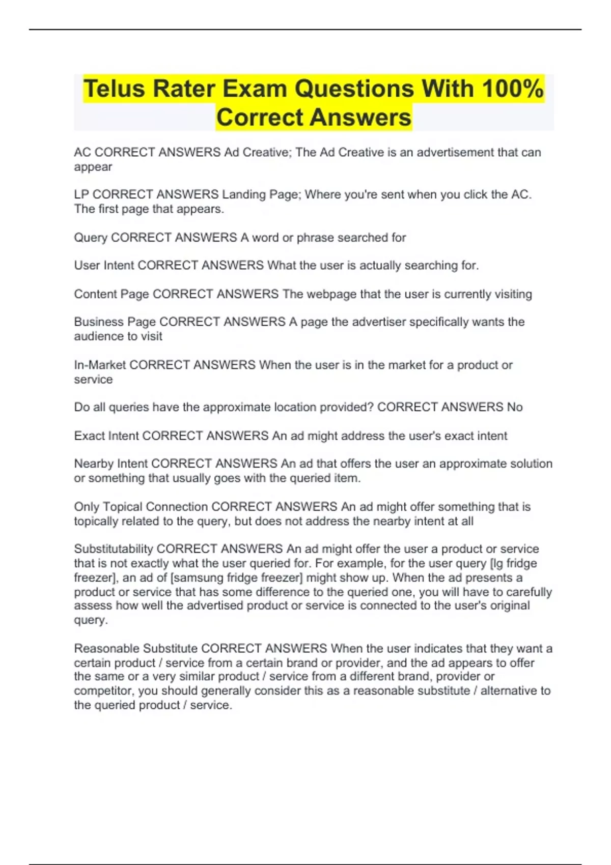 Telus Rater Exam Questions With 100% Correct Answers - Telus - Stuvia US