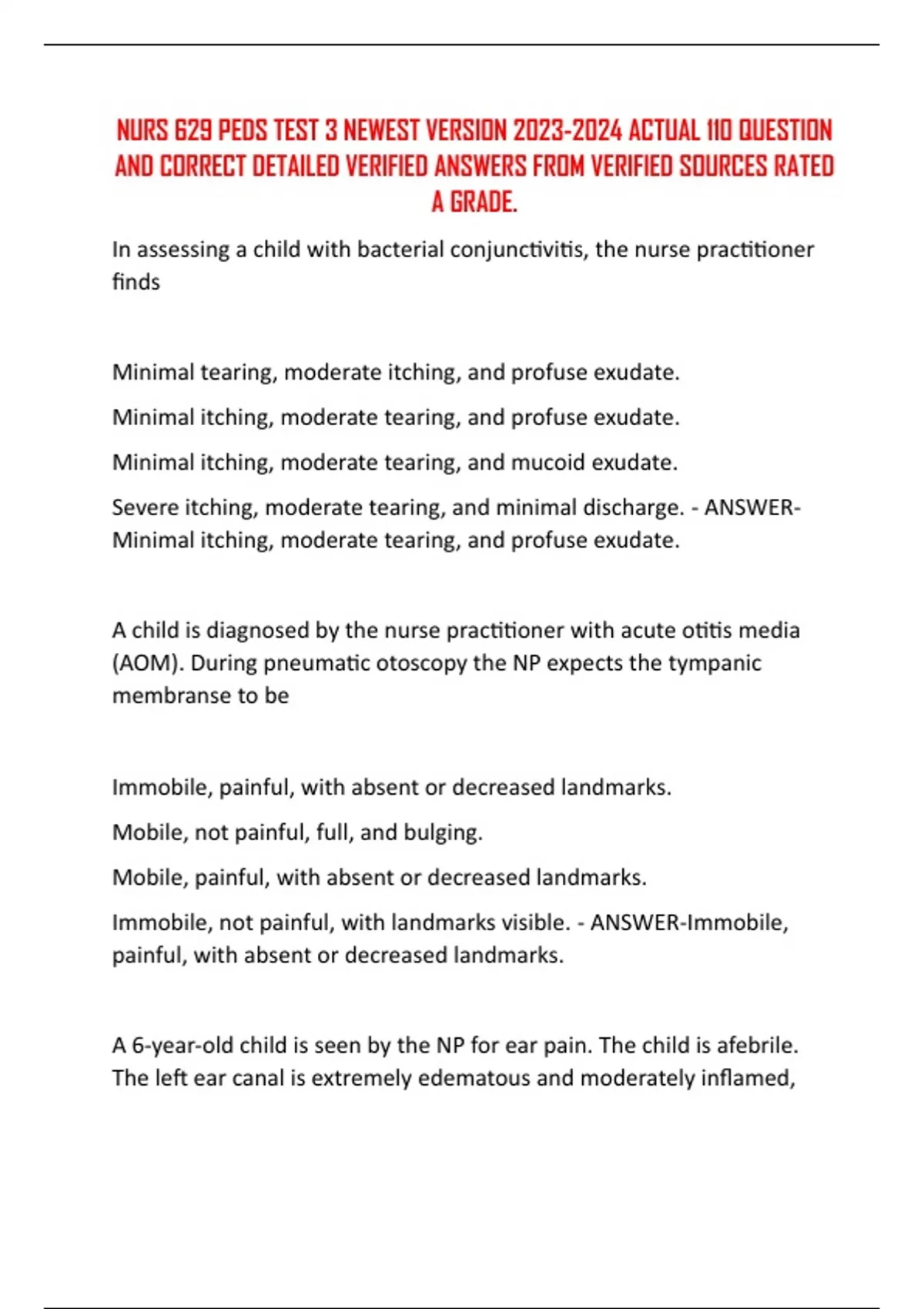 NURS 629 PEDS TEST 3 NEWEST VERSION ACTUAL 110 QUESTION AND CORRECT ...
