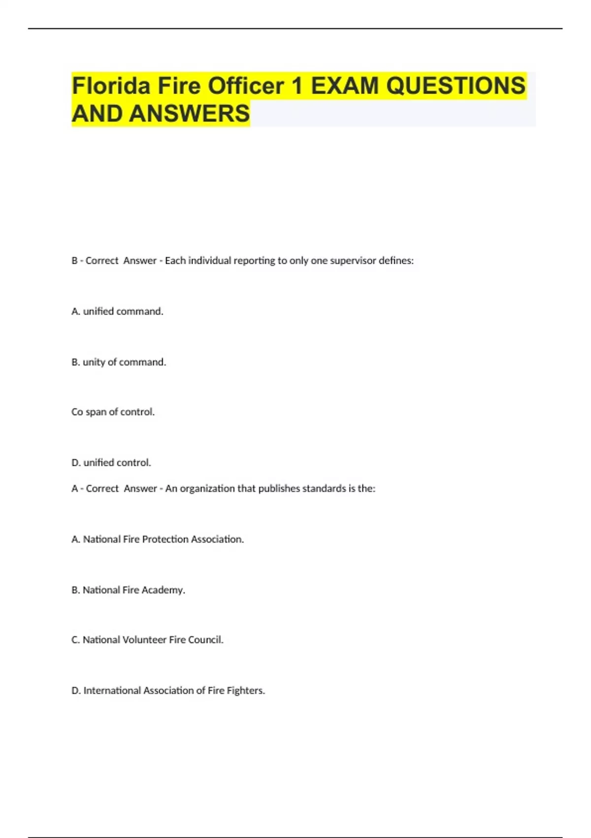 Florida Fire Officer 1 EXAM QUESTIONS AND ANSWERS - Fire Inspector ...