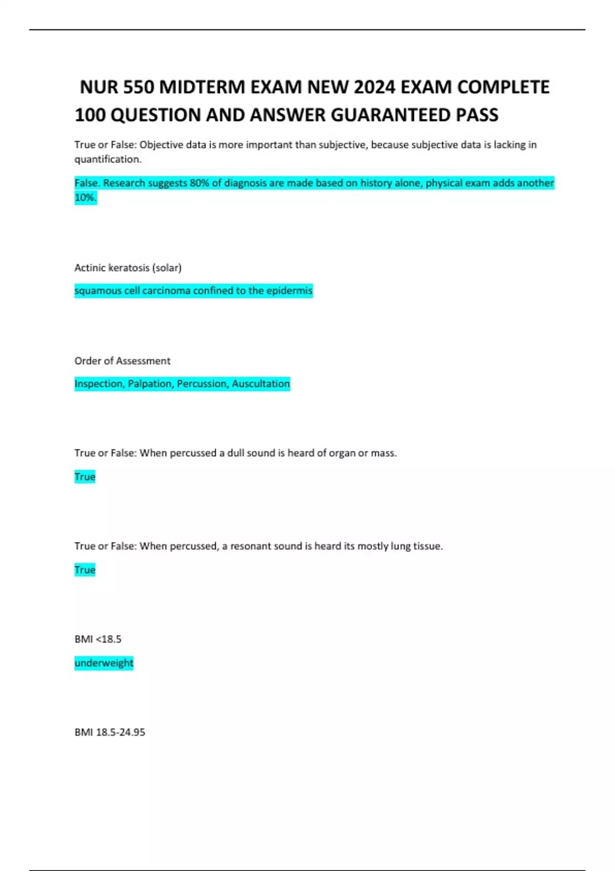 NUR 550 MIDTERM EXAM NEW 2024 EXAM COMPLETE 100 QUESTION AND ANSWER GUARANTEED PASS - NUR 550 ...