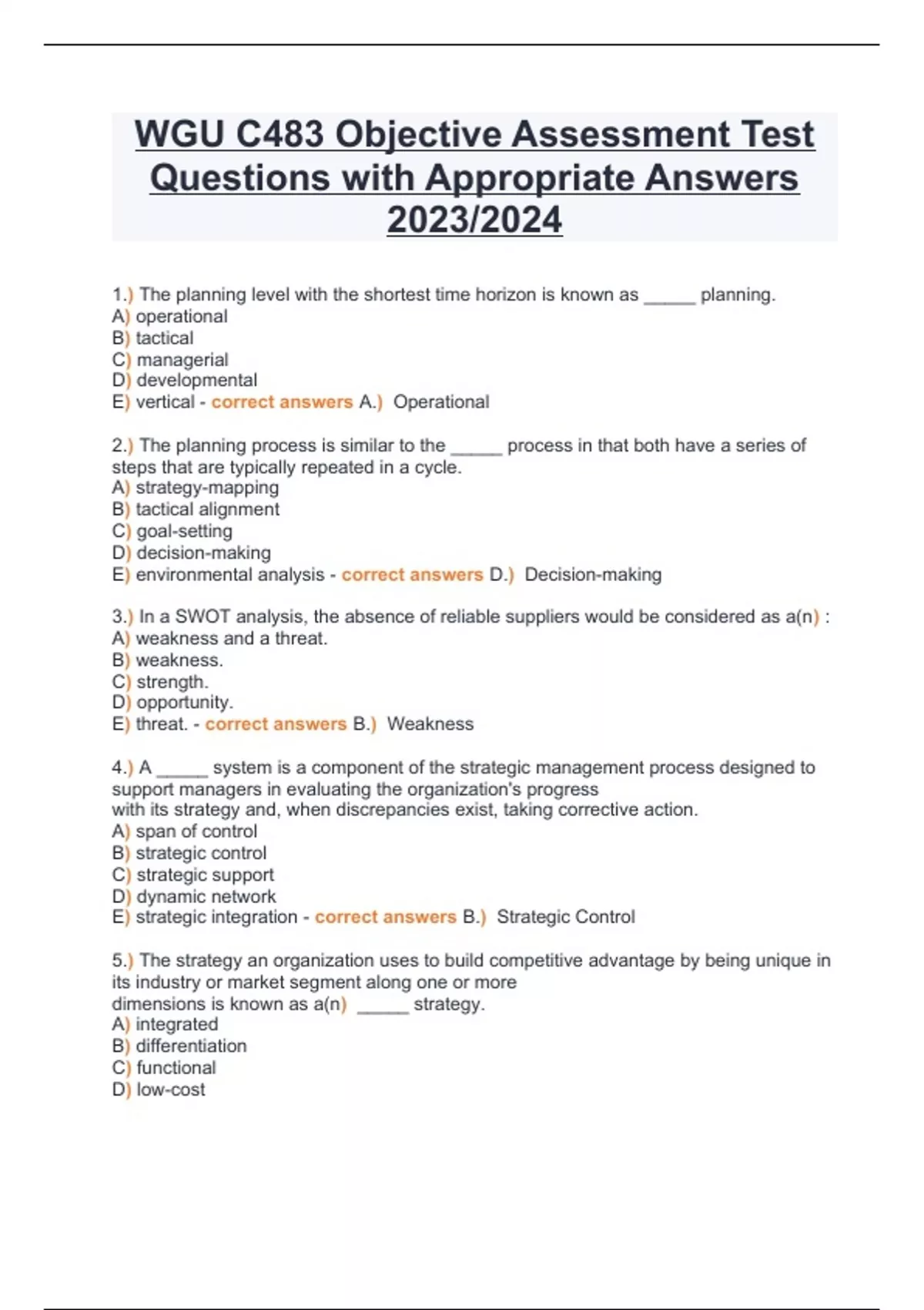 WGU C483 Objective Assessment Test Questions with Appropriate Answers ...