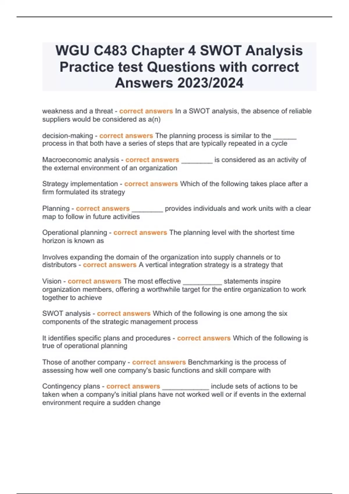 WGU C483 Chapter 4 SWOT Analysis Practice test Questions with correct ...