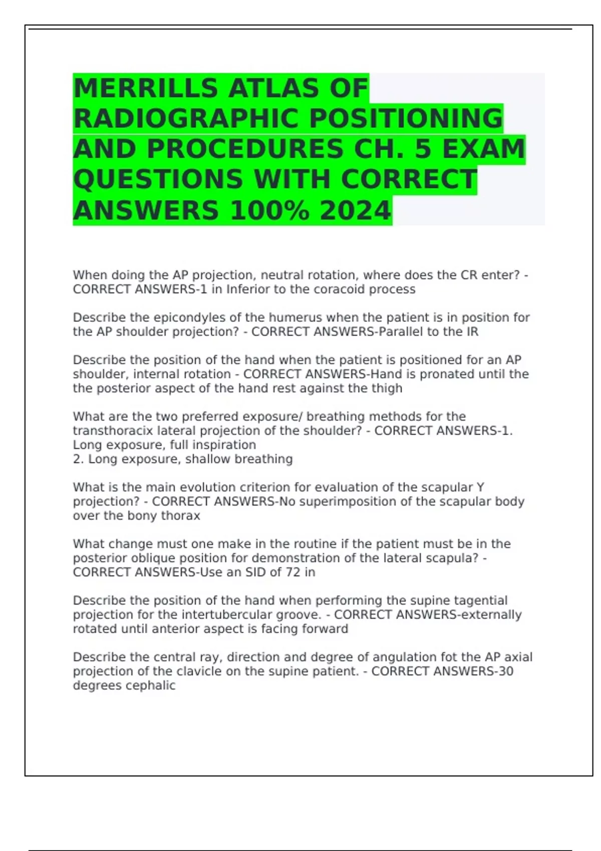 MERRILLS ATLAS OF RADIOGRAPHIC POSITIONING AND PROCEDURES CH. 5 EXAM ...