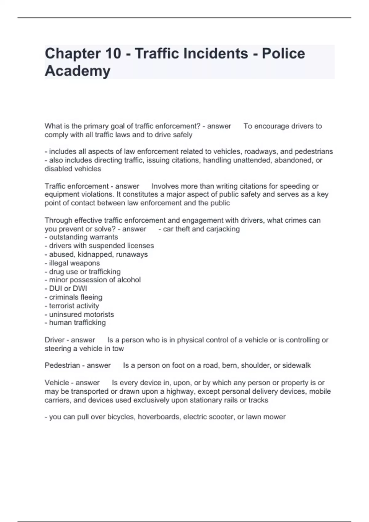 Chapter 10 - Traffic Incidents - Police Academy Questions with correct ...