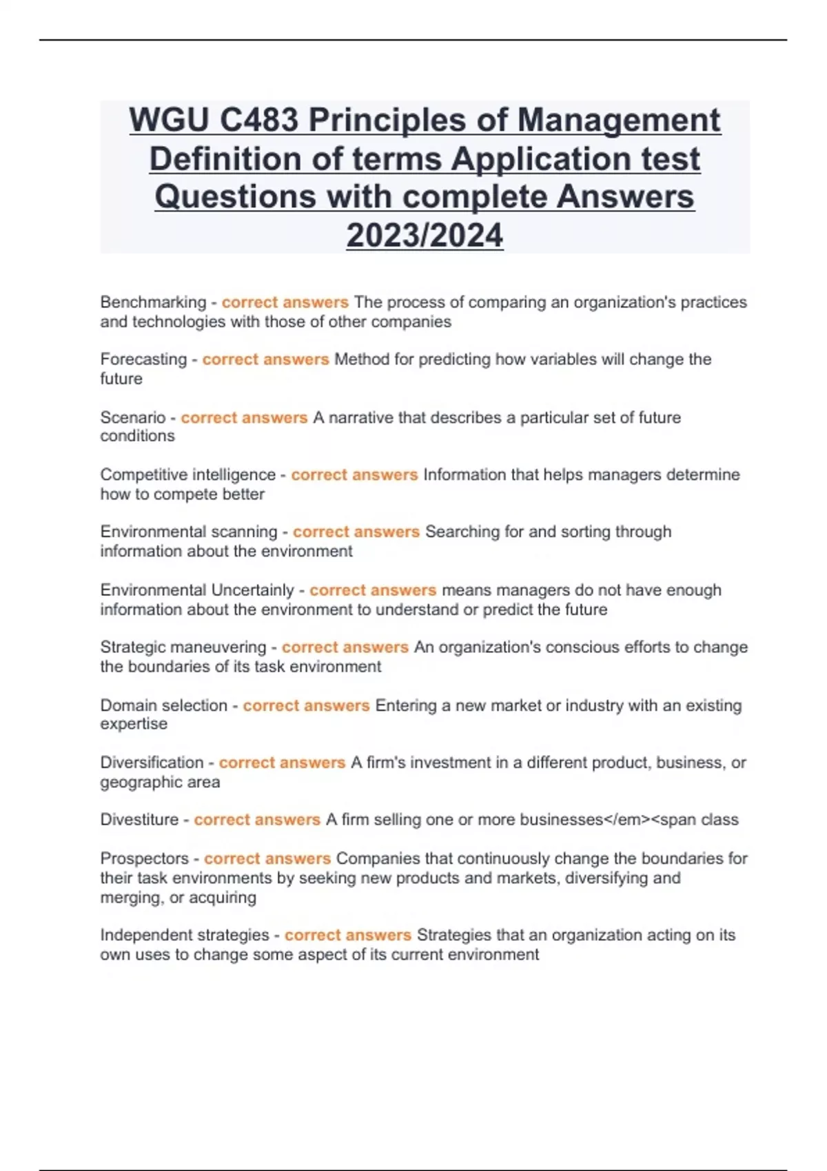 WGU C483 Principles of Management Definition of terms Application test ...